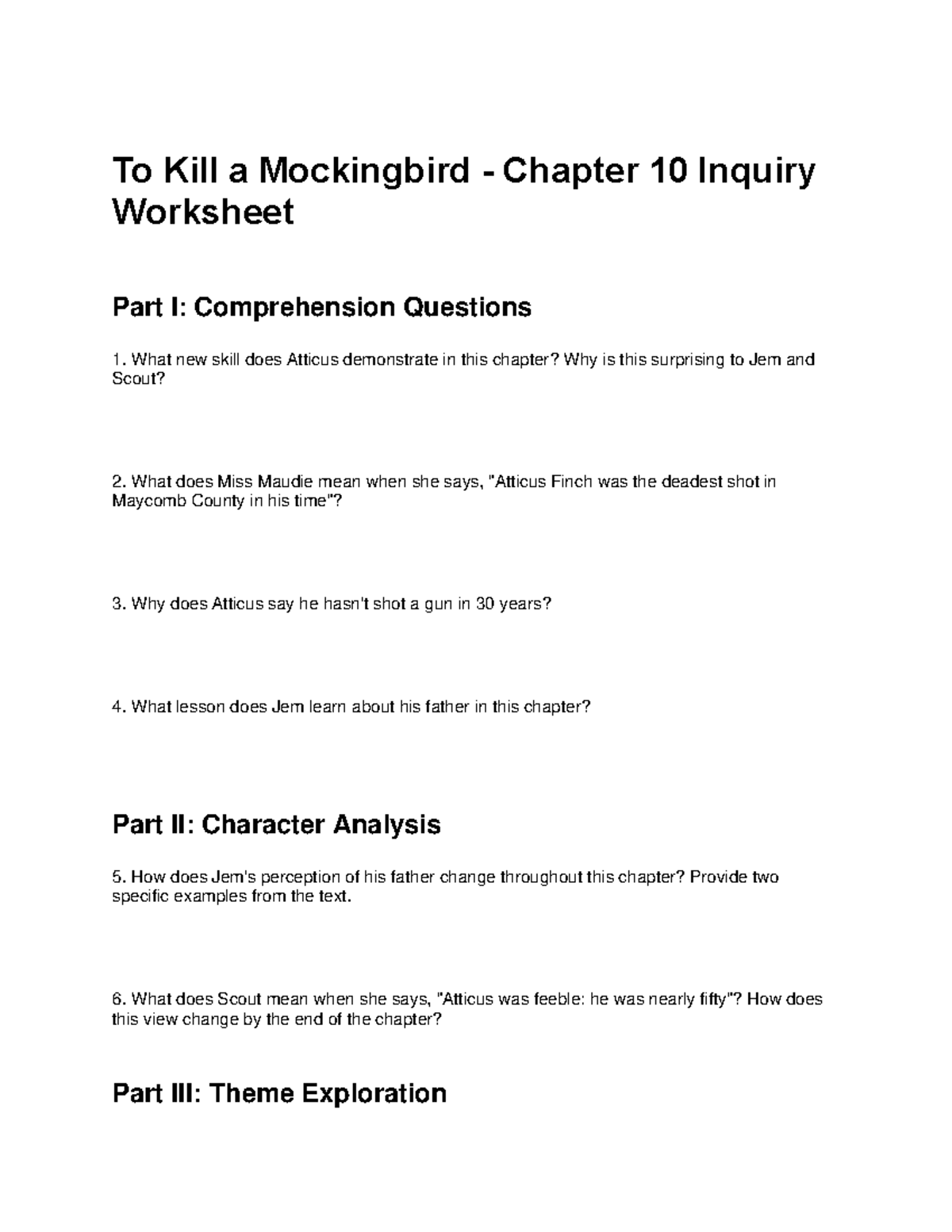 To Kill a Mockingbird - Chapter 10 Inquiry Worksheet and Analysis - To ...