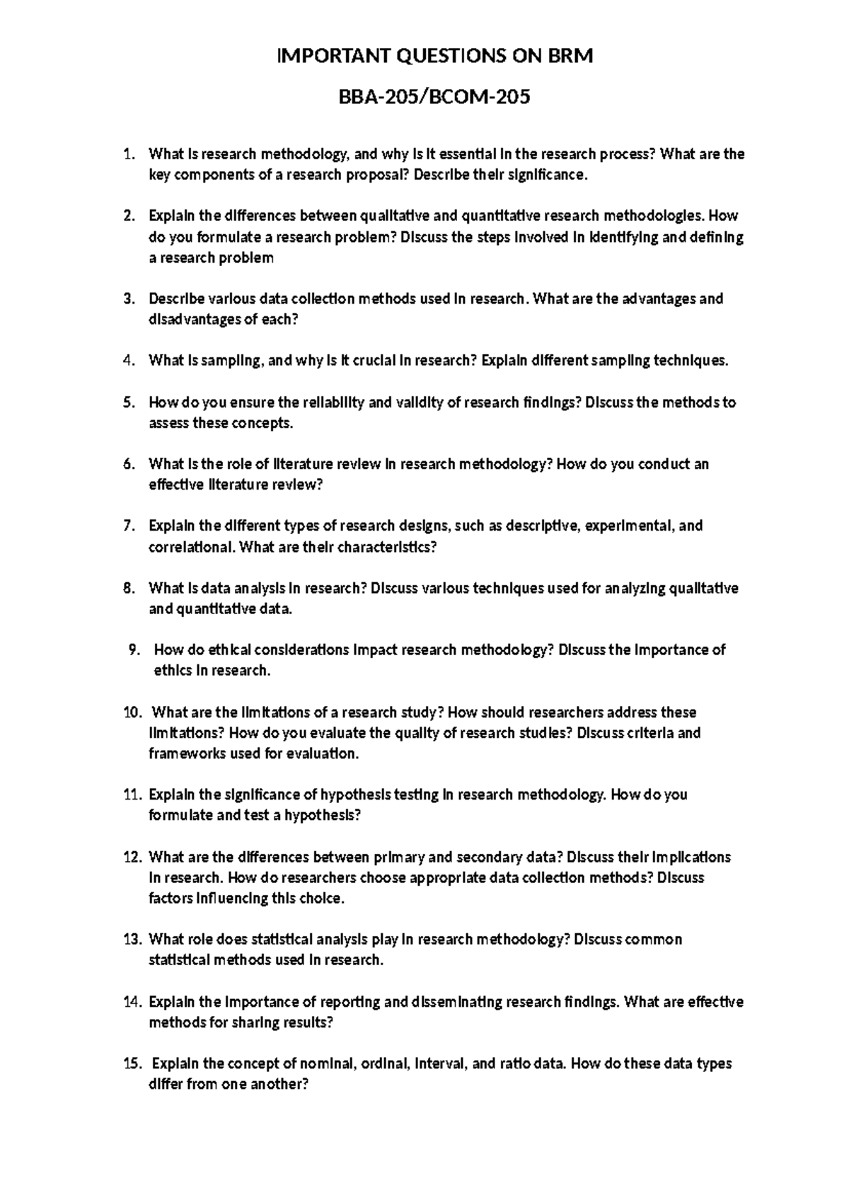 20 Important Questions on BRM: Research Methodology Insights - Studocu