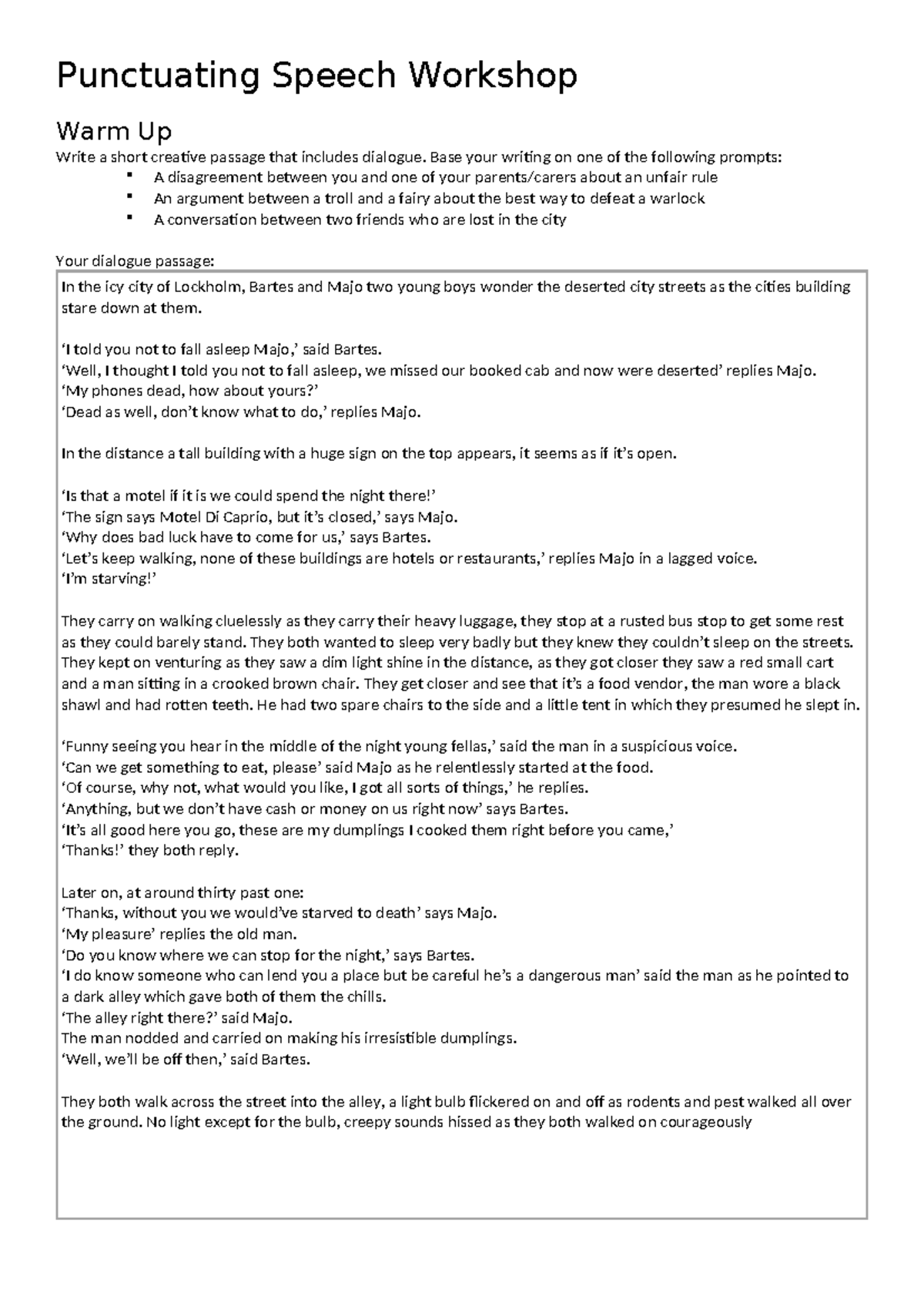 Punctuating Speech Workshop: Creative Dialogue Passage - Studocu