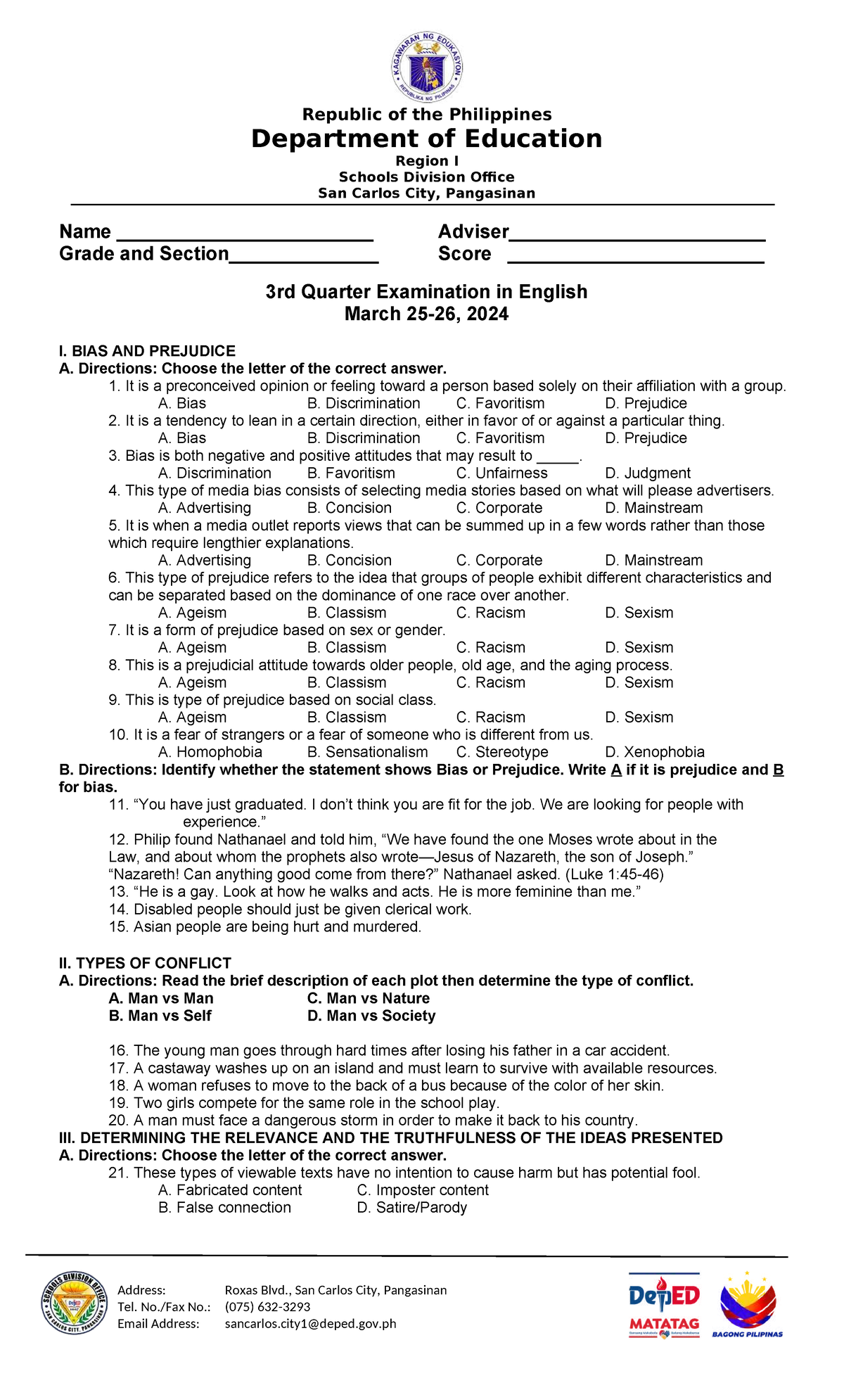 G9 3rd Quarter Exam in English - Bias and Prejudice Concepts - Studocu