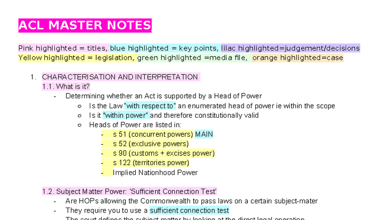 ACL Master Notes: Characterisation, Interpretation & Legislative Powers ...