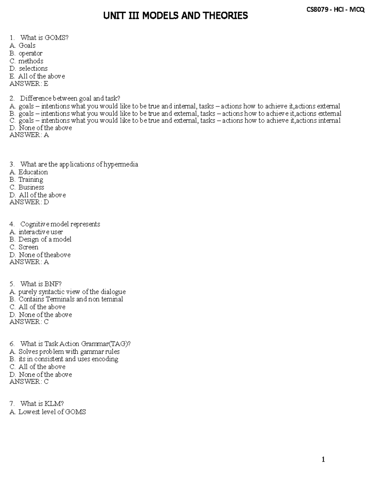 CS8079 - HCI Unit 3 MCQ: Models and Theories Insights - Studocu