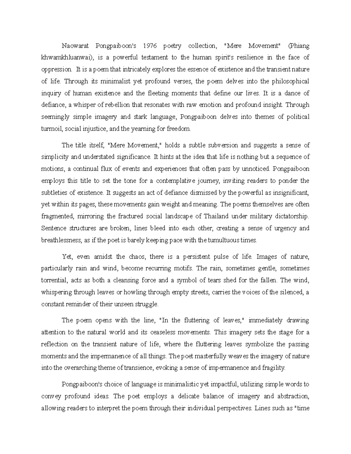 ASEAN Literary Analysis: The Depths of "Mere Movement" Poem - Studocu