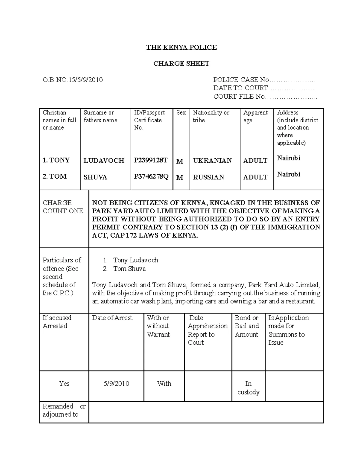 Charge Sheet with amendments 2 - THE KENYA POLICE CHARGE SHEET O NO/5/9 ...