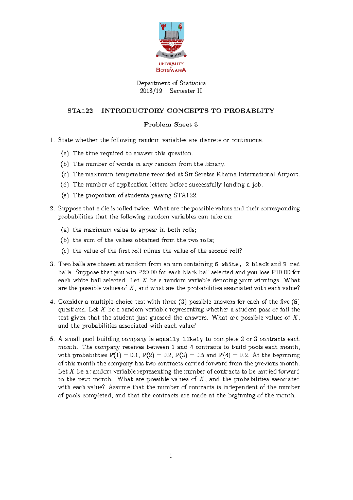 STA122 Problem Sheet 5: Discrete vs Continuous Random Variables - Studocu