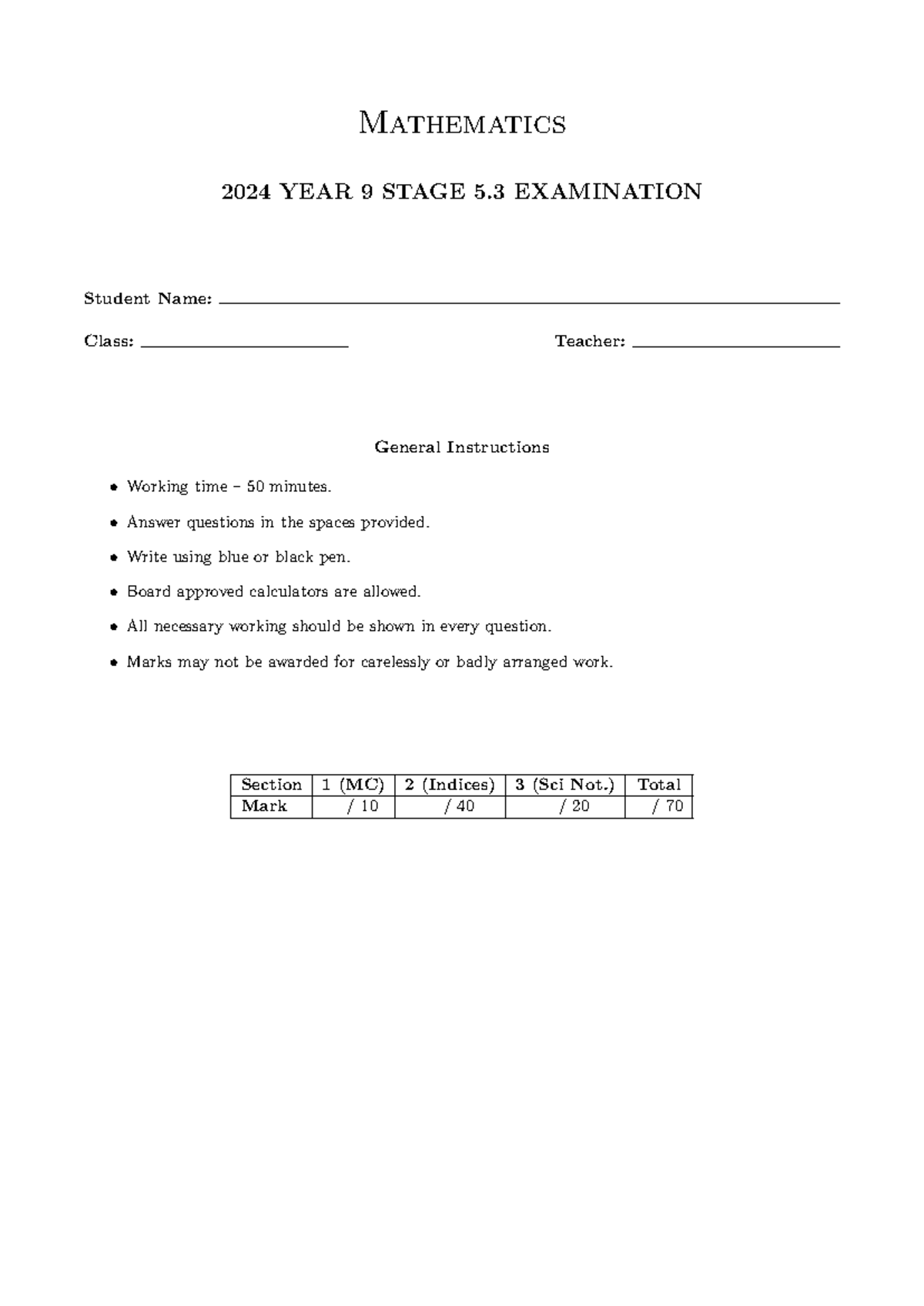 Mathematics 2024 Year 9 Stage 5.3 Exam: Indices & Scientific Notation ...