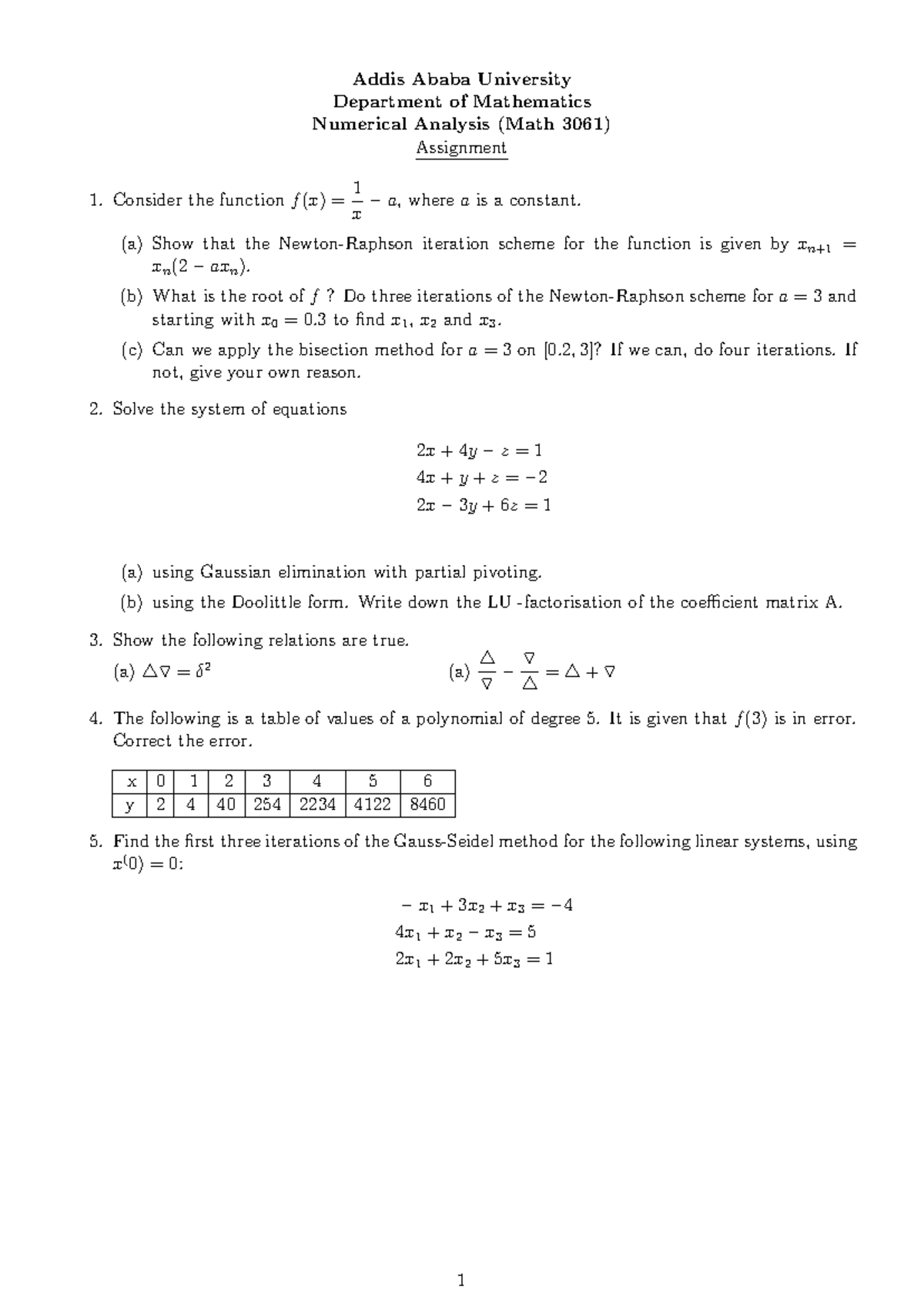 Numerical Analysis Assignment 1 (Math 3061) - AAU 2016 EC - Studocu