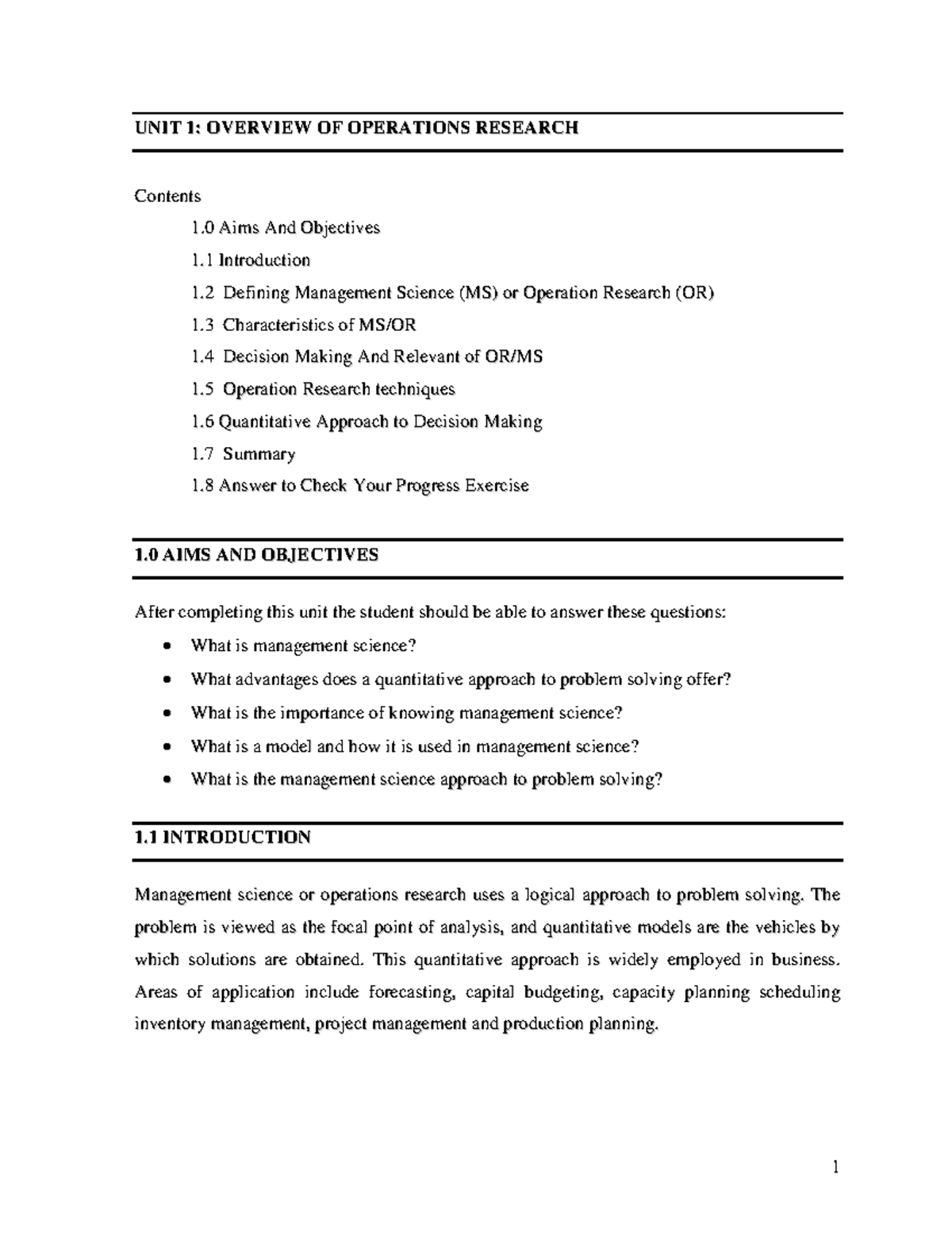 UNIT 1: INTRODUCTION TO OPERATIONS RESEARCH AND MANAGEMENT SCIENCE ...