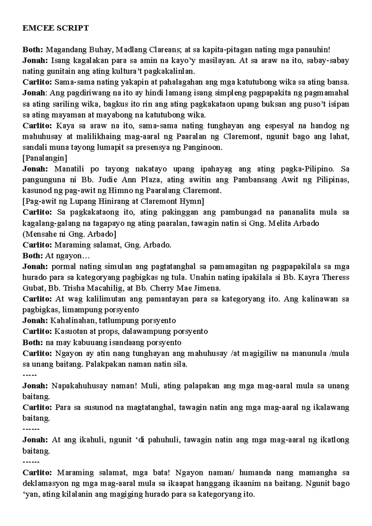 EMCEE SCRIPT - JHUJ JHGKJBL Celebration of Culture and Language - Studocu