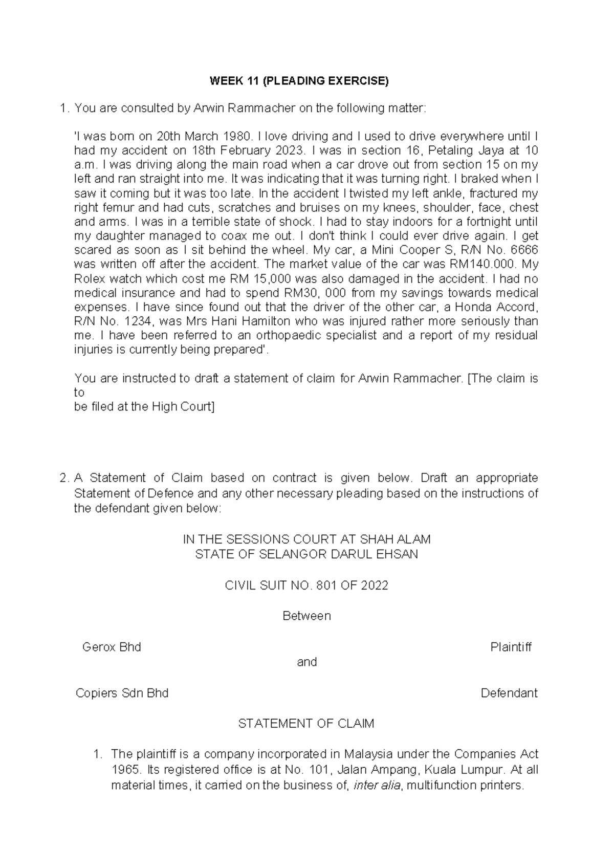 LAW 602 Tutorial WEEK 11: Drafting Pleadings for Claims and Defenses - Studocu