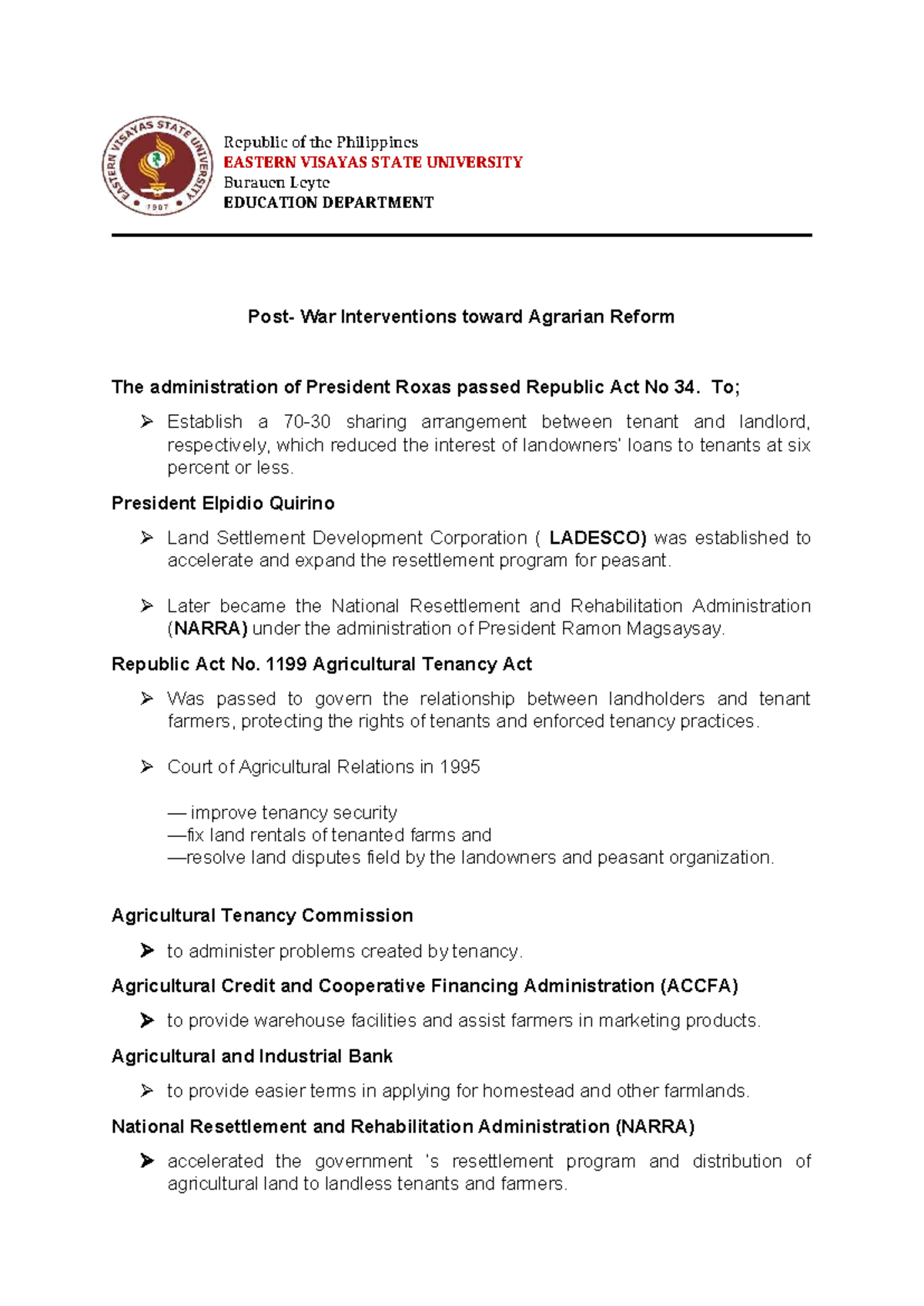 RPH 101: War Interventions and Agrarian Reform Overview - Studocu