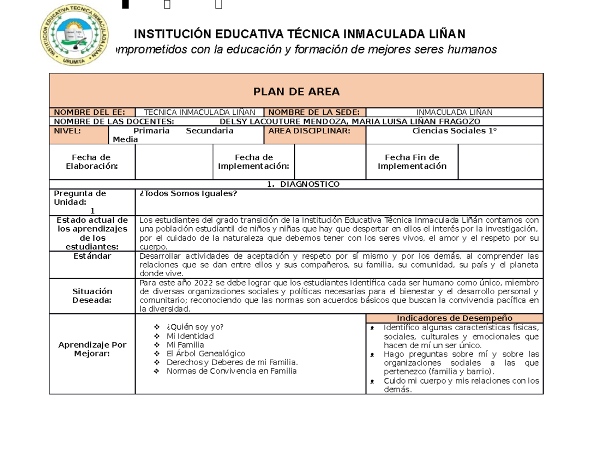 Plan de Área: Ciencias Sociales 1° - Grado Primero - Educación Primaria ...