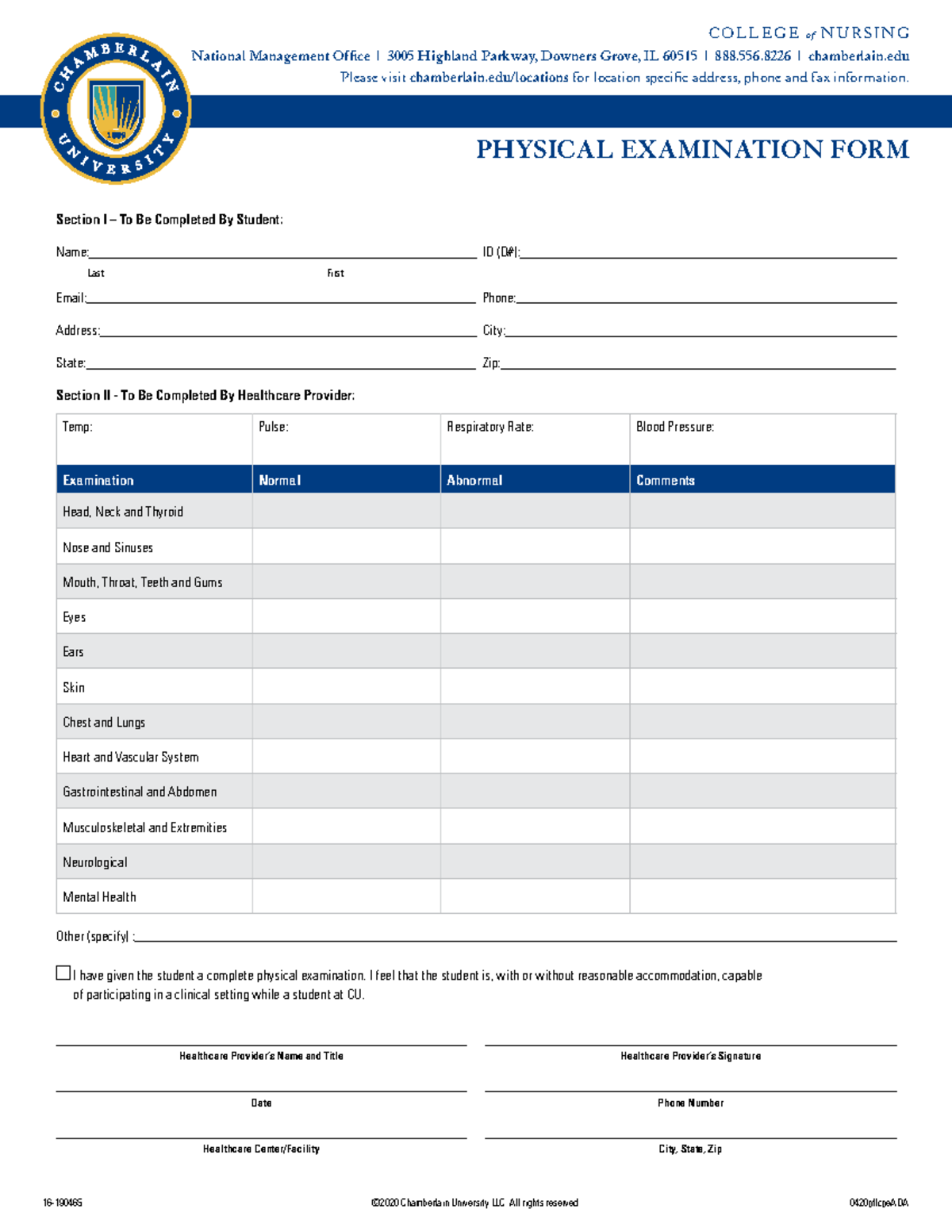 CCN Physical Examination Form for Nursing Students - Studocu