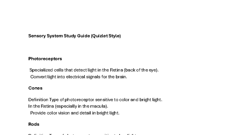 A&P 101: Sensory System Study Guide (Quizlet Style) - Studocu