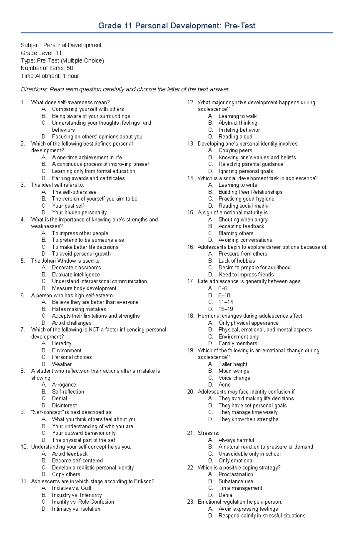 Grade 11 Personal Development: Pre-Test (Multiple Choice, 50 Items ...