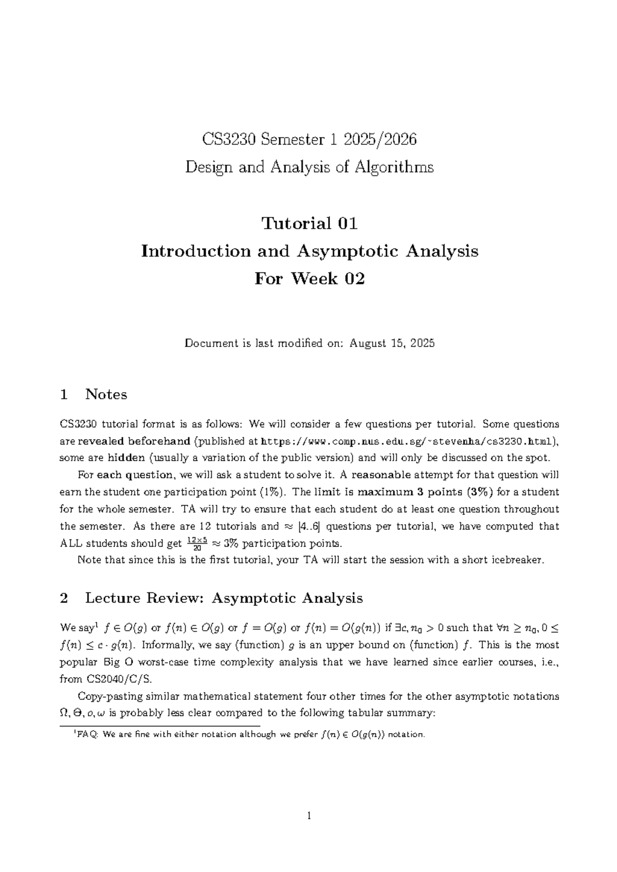 CS3230 Semester 1 Tutorial 01: Intro to Asymptotic Analysis - Studocu