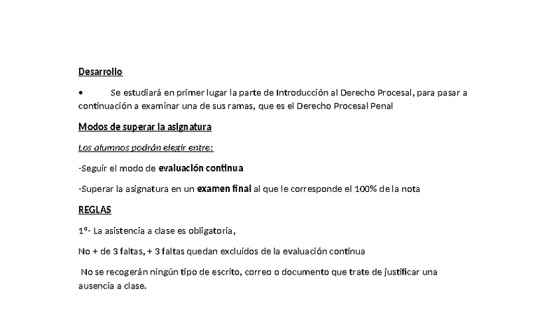 Reglas y Desarrollo de la Asignatura Derecho Procesal I (2025-2026 ...