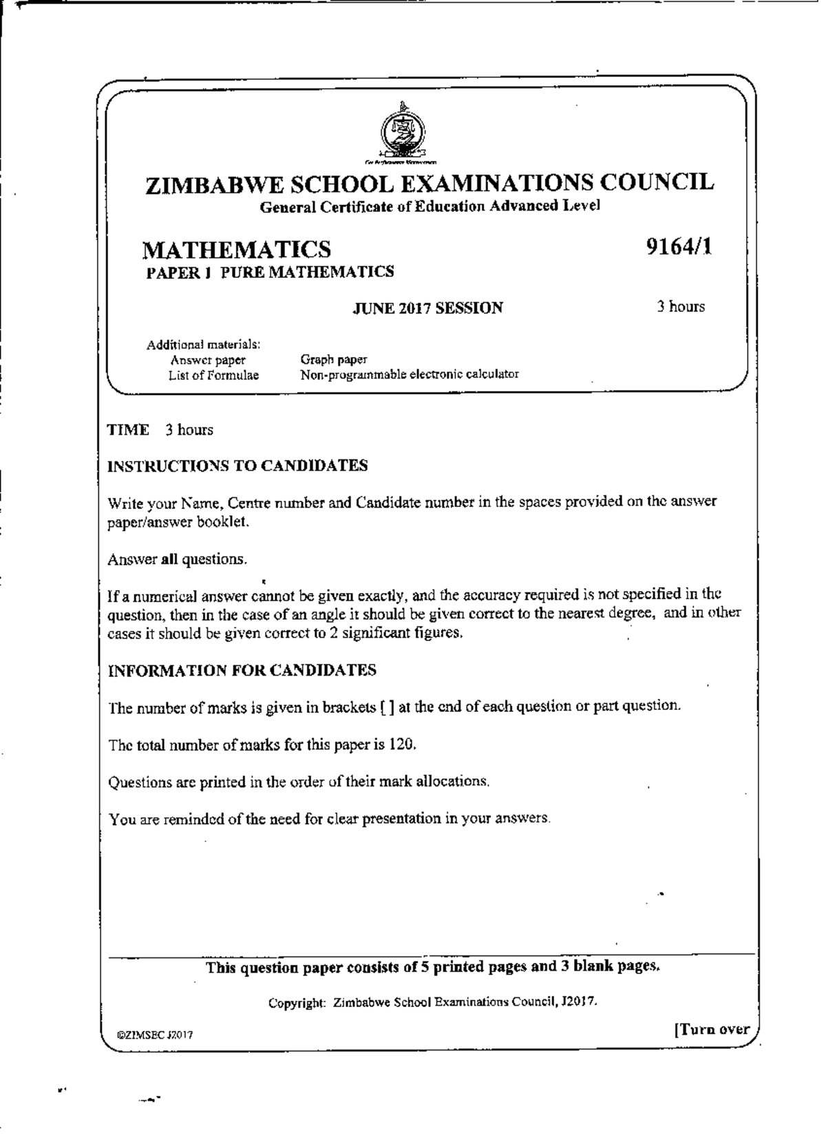 2017 JUN P1 - ZIMBABWE A Level MATHEMATICS Exam Notes - Studocu