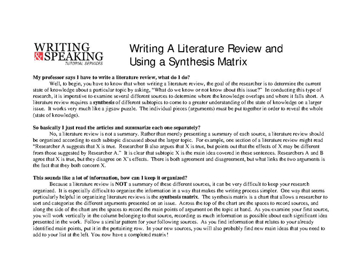 Synthesis matrix - Writing A Literature Review and Using a Synthesis ...