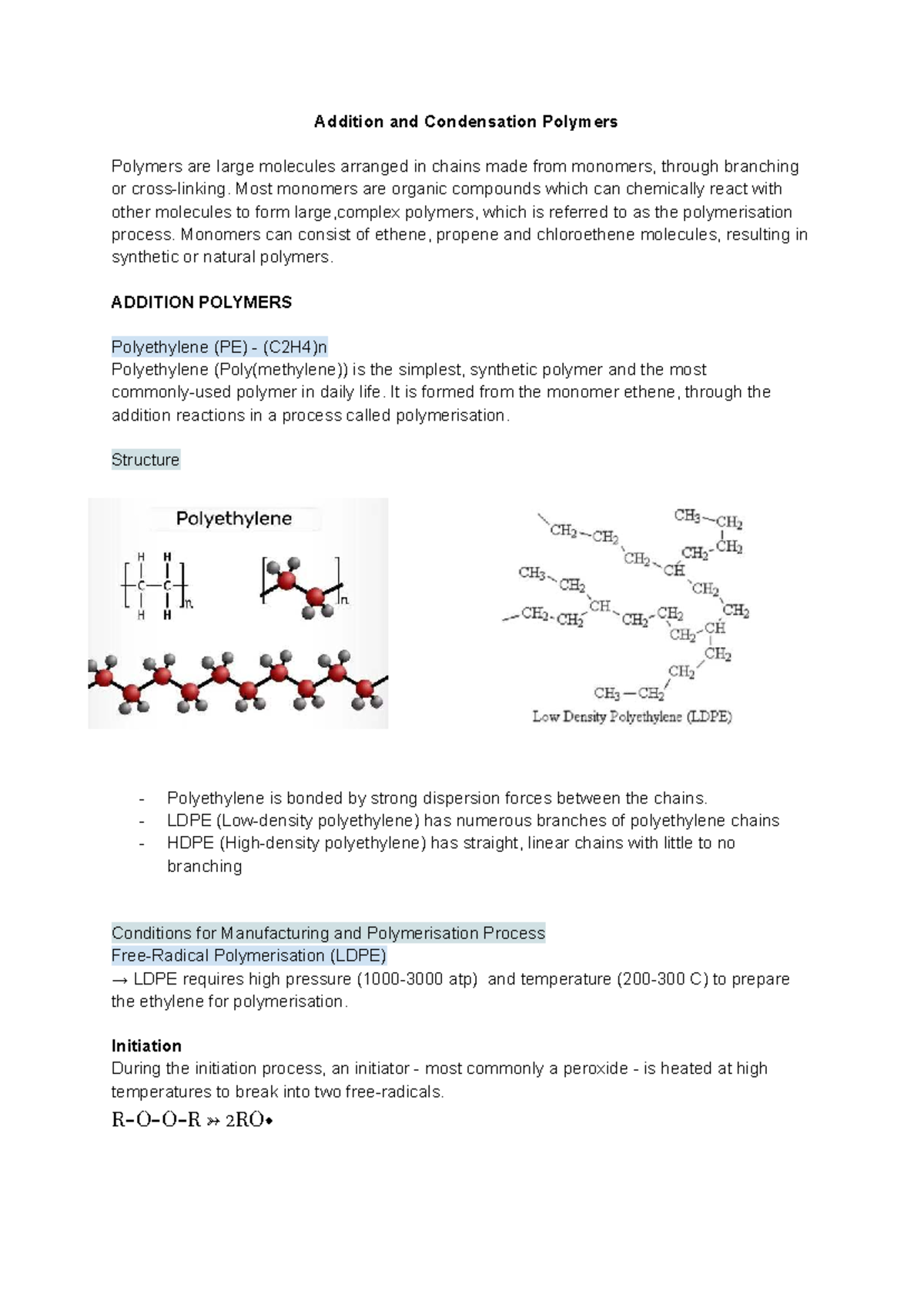 Chemistry Report: Addition and Condensation Polymers (CHUM) - Studocu