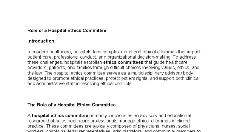 Role of Hospital Ethics Committee: Functions & Importance - Studocu