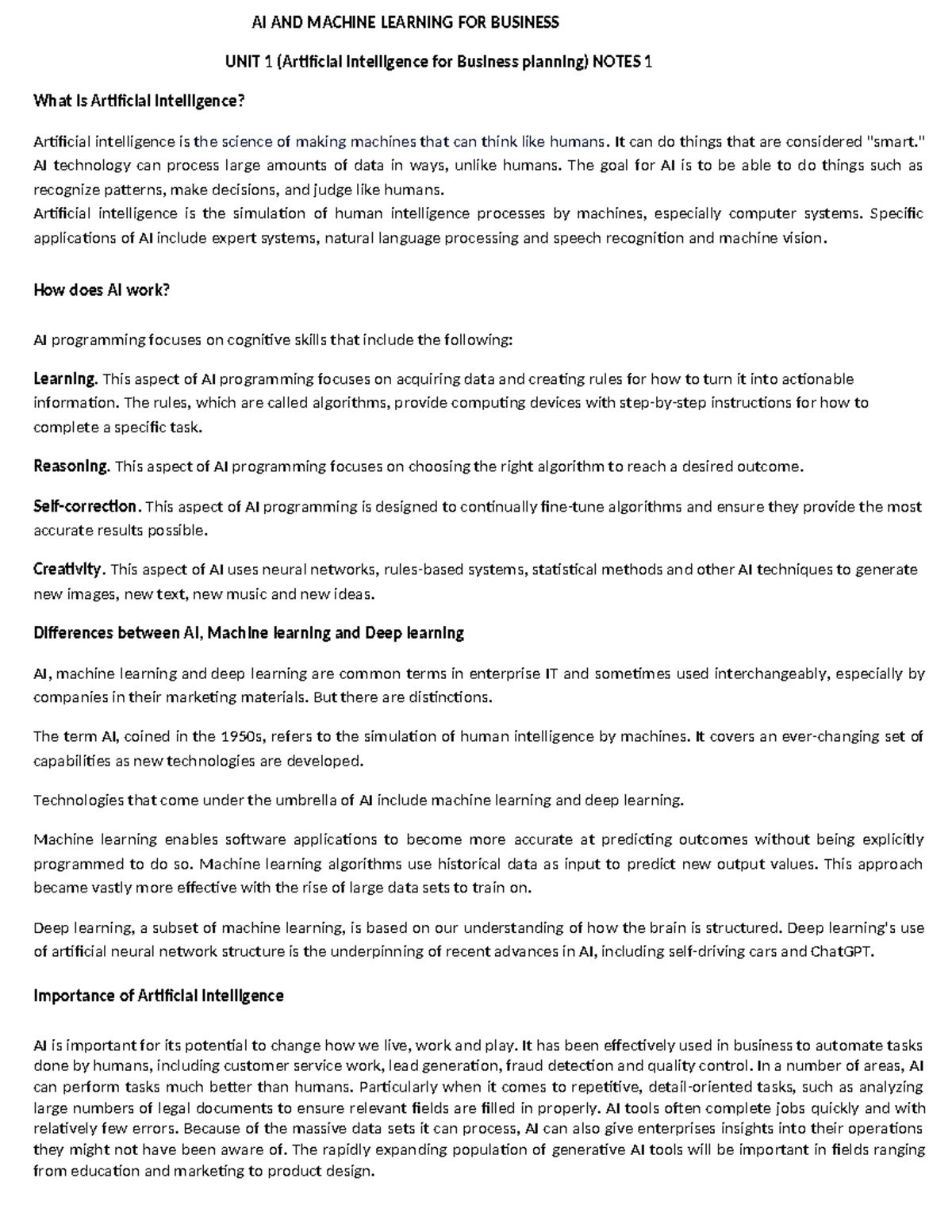 AI 1 - Lecture Notes on AI and Machine Learning for Business - Studocu