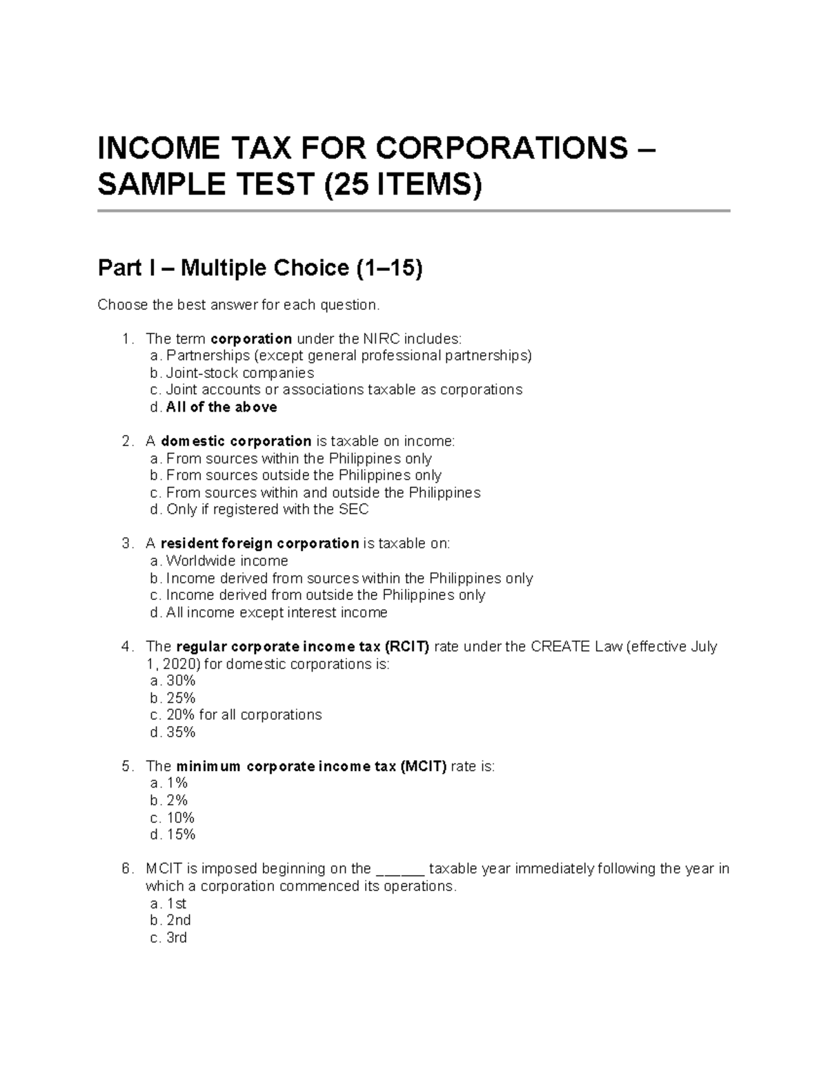INCOME TAX FOR CORPORATIONS - SAMPLE TEST (25 ITEMS) - Studocu