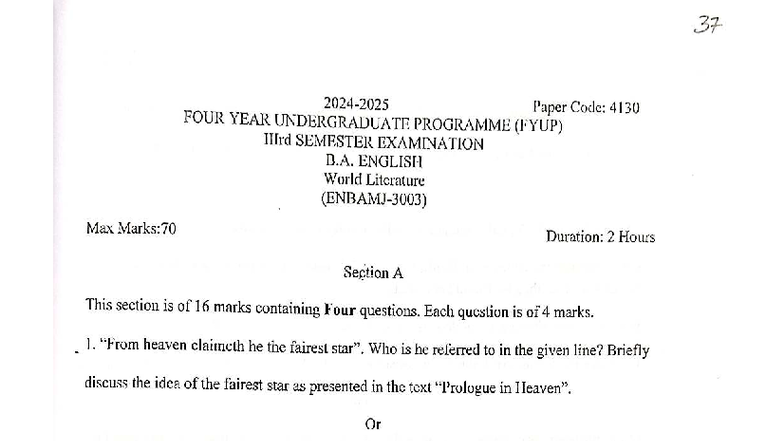 B.A. English World Literature Exam Paper: 4130 FYUP 2024-25 - Studocu