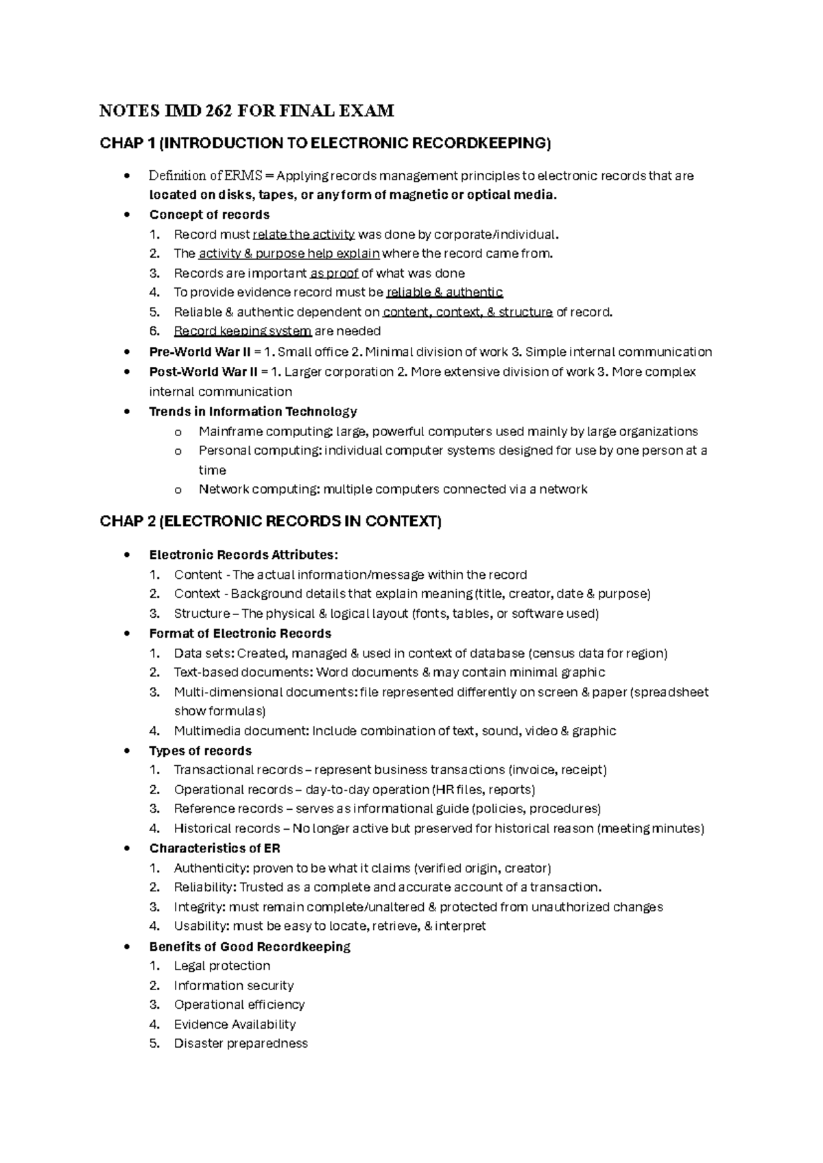 IMD 262 Final Exam Notes: Electronic Recordkeeping Overview - Studocu