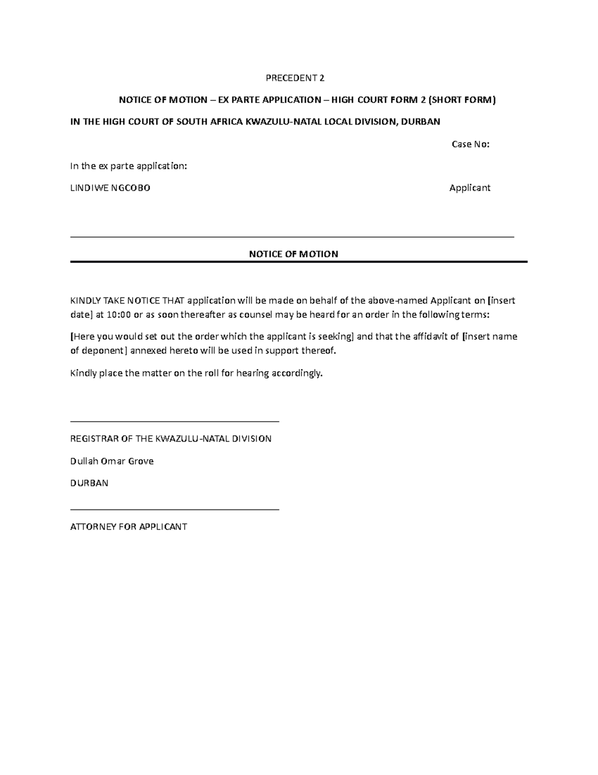 Civil Procedure TEST - PRECEDENT 2 NOTICE OF MOTION – EX PARTE ...