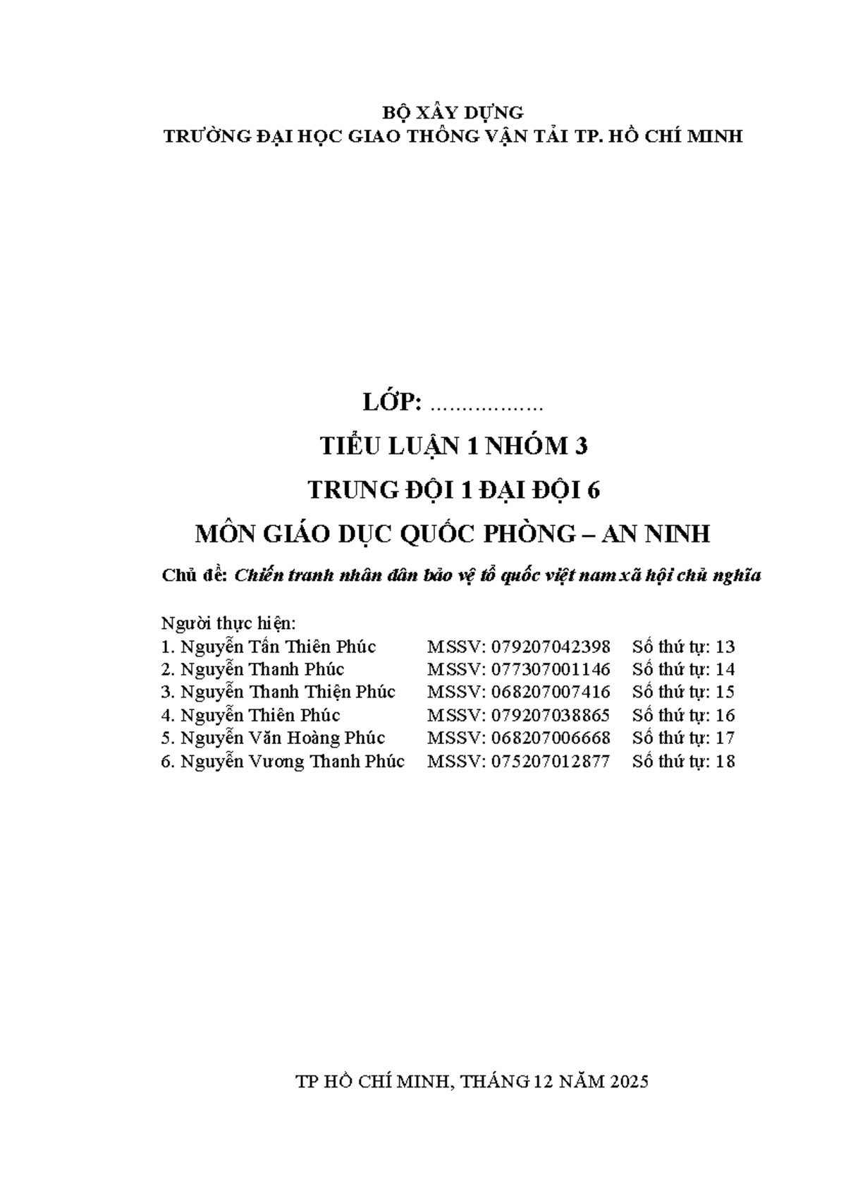 Tiểu Luận 1 - Nhóm 3: Chiến Tranh Nhân Dân Bảo Vệ Tổ Quốc Việt Nam ...