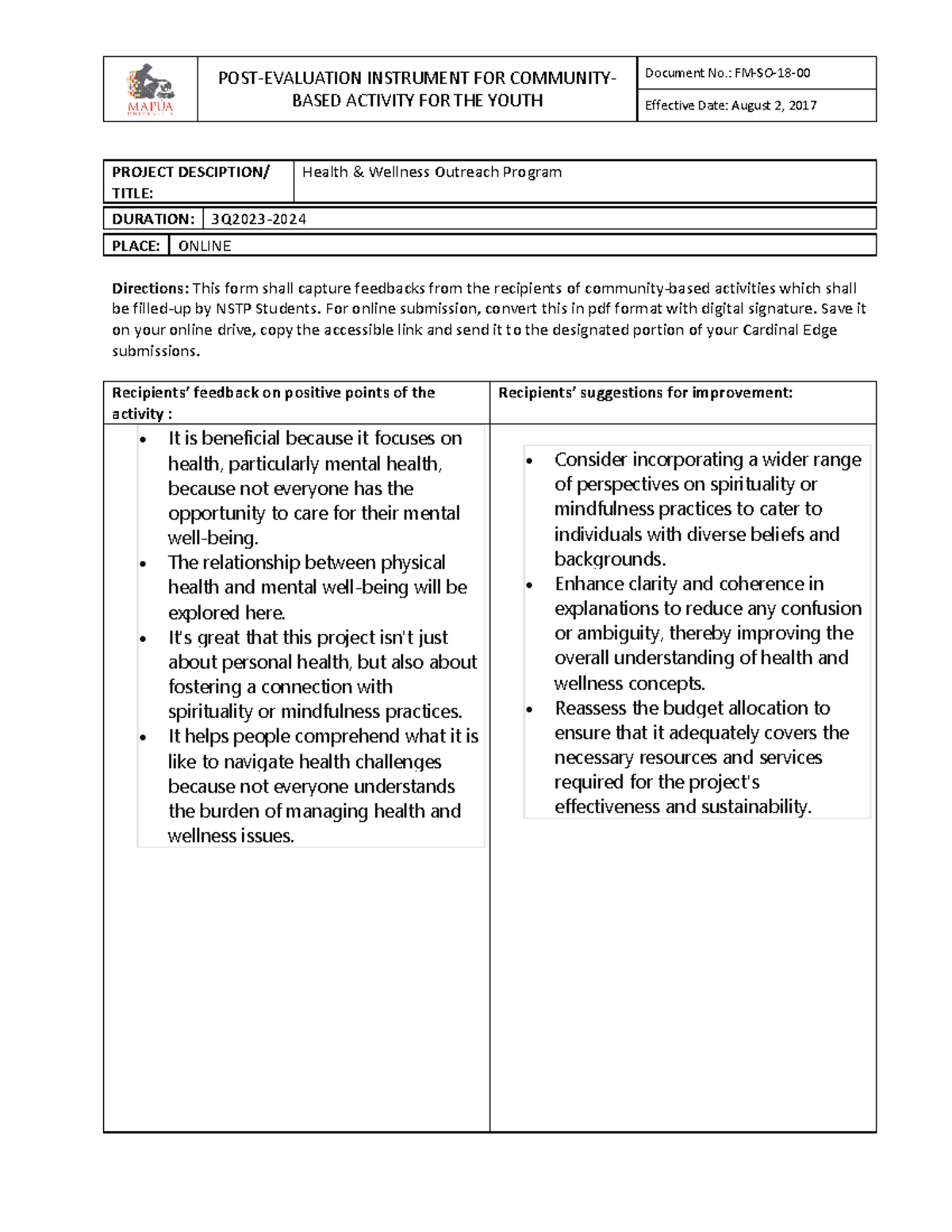 Post-Project Evaluation Report for Health & Wellness Outreach PPER ...