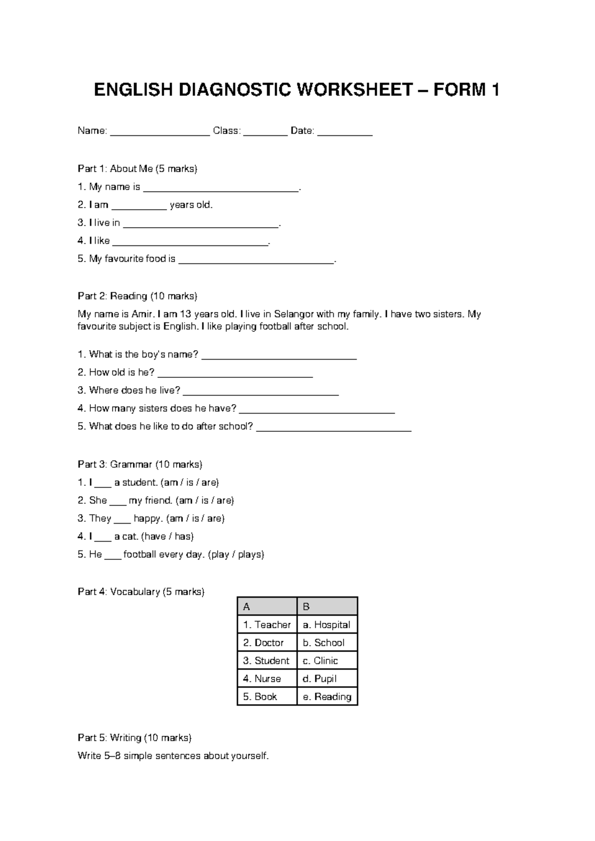 ENGLISH DIAGNOSTIC WORKSHEET FORM 1: About Me & Skills - Studocu