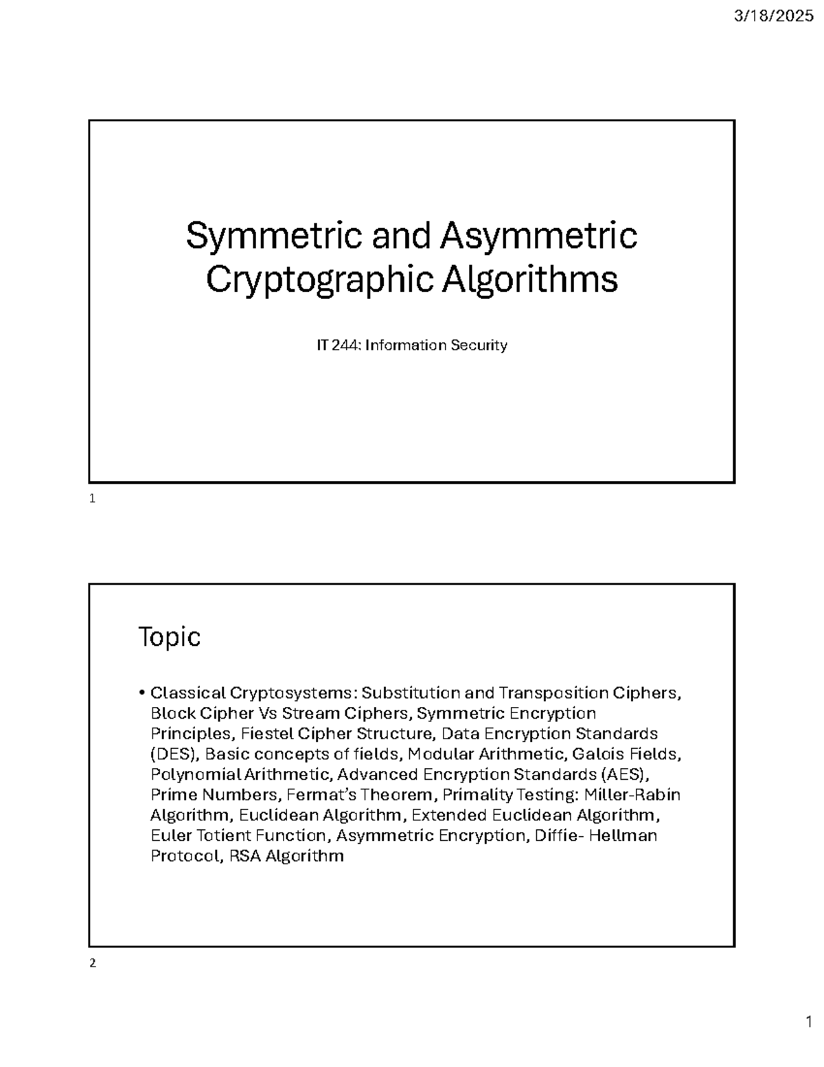 IT 244: Symmetric & Asymmetric Cryptographic Algorithms Overview - Studocu