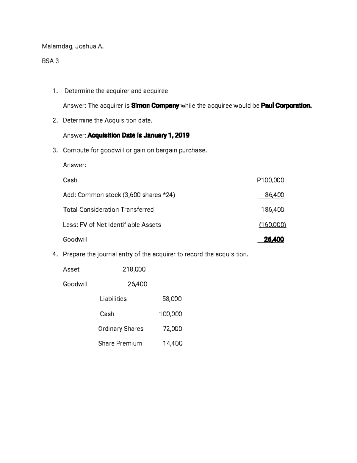 BSA 3 Goodwill Calculation and Journal Entries for Acquisition - Studocu