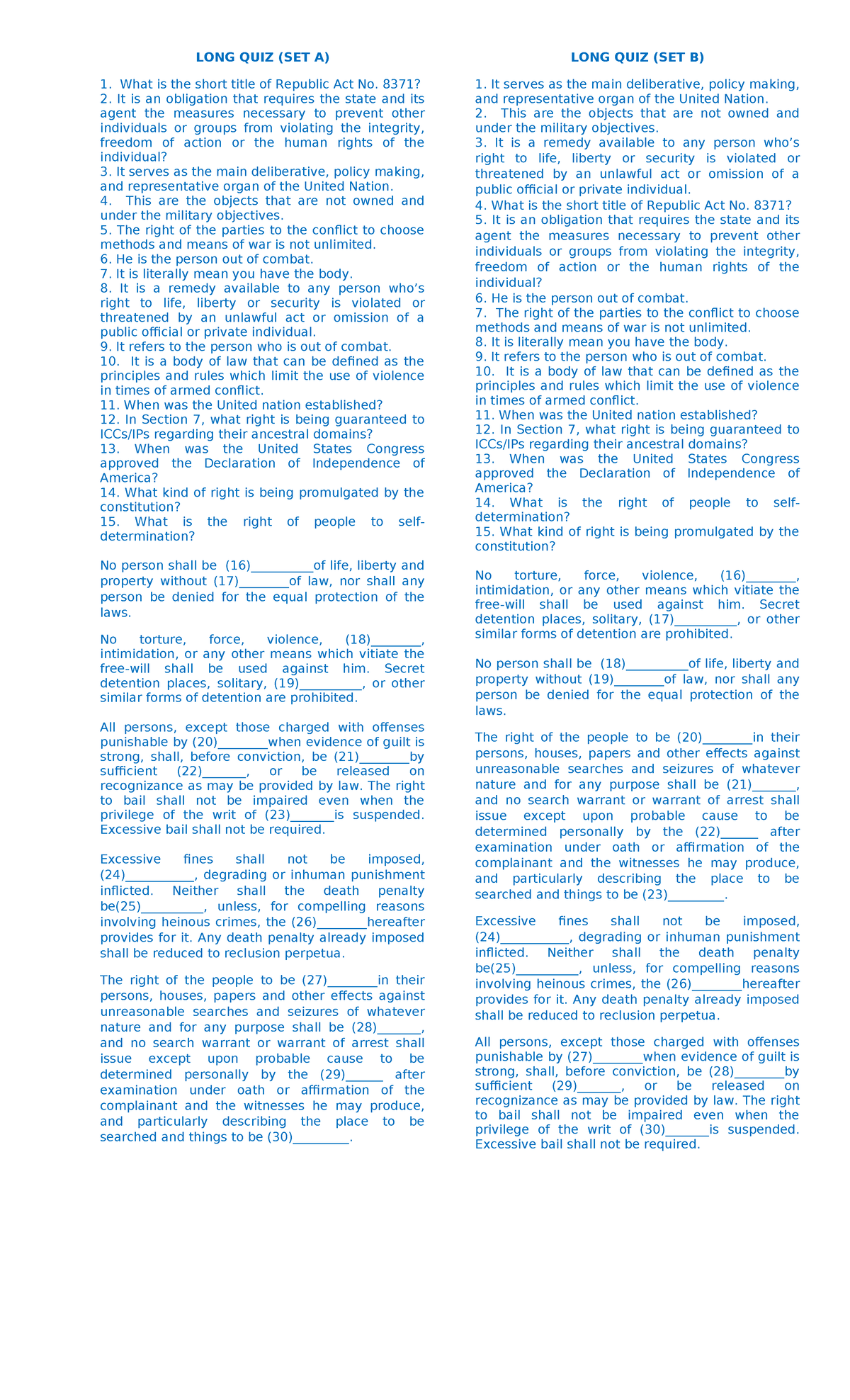 Long Quiz on Human Rights (Set A & B) - Studocu