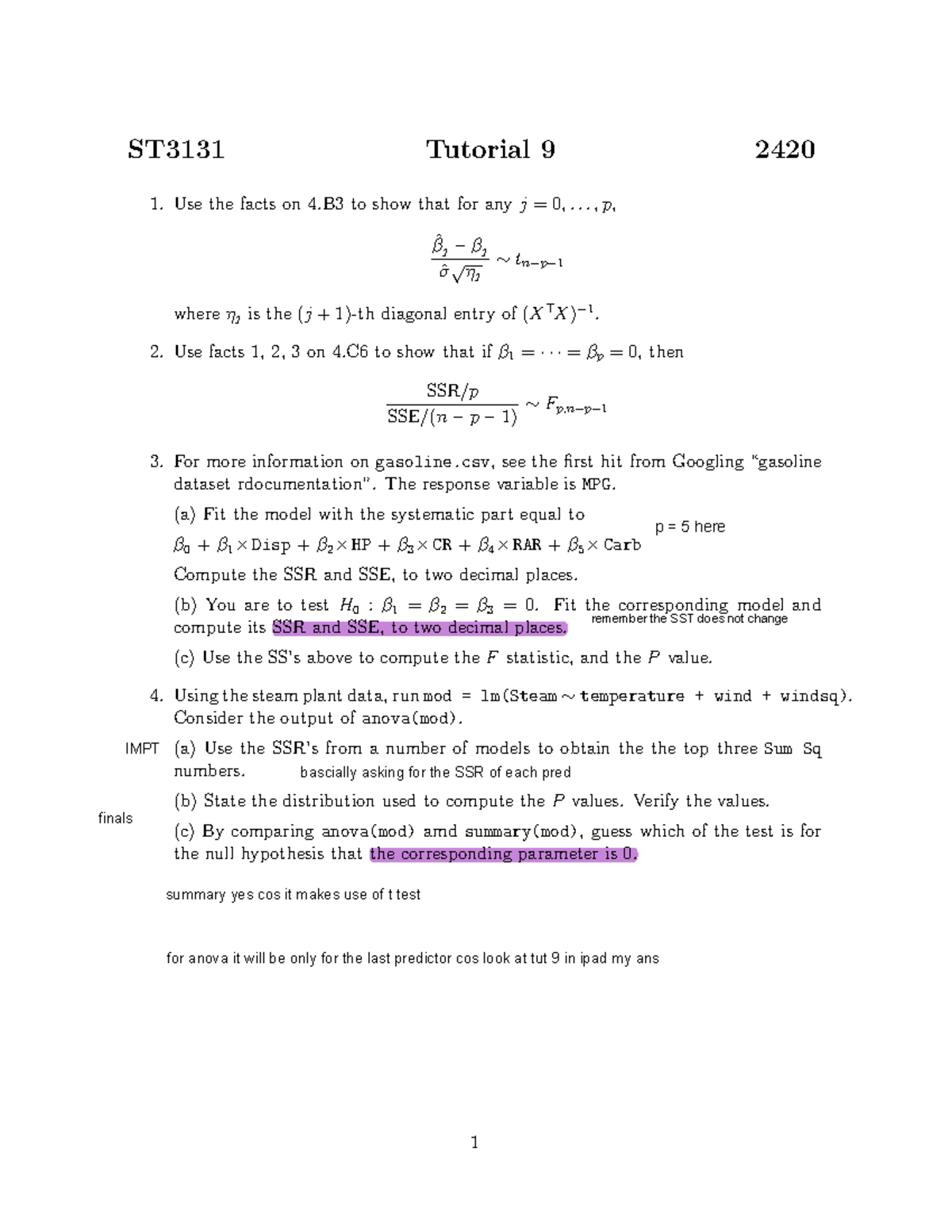 ST3131 Tutorial 9: Analyzing MPG and Steam Plant Data Models - Studocu