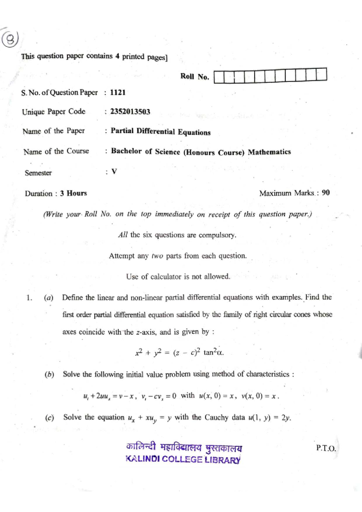 PDE PYQs - Partial Differential Equations Question Paper (B.Sc. Hons ...