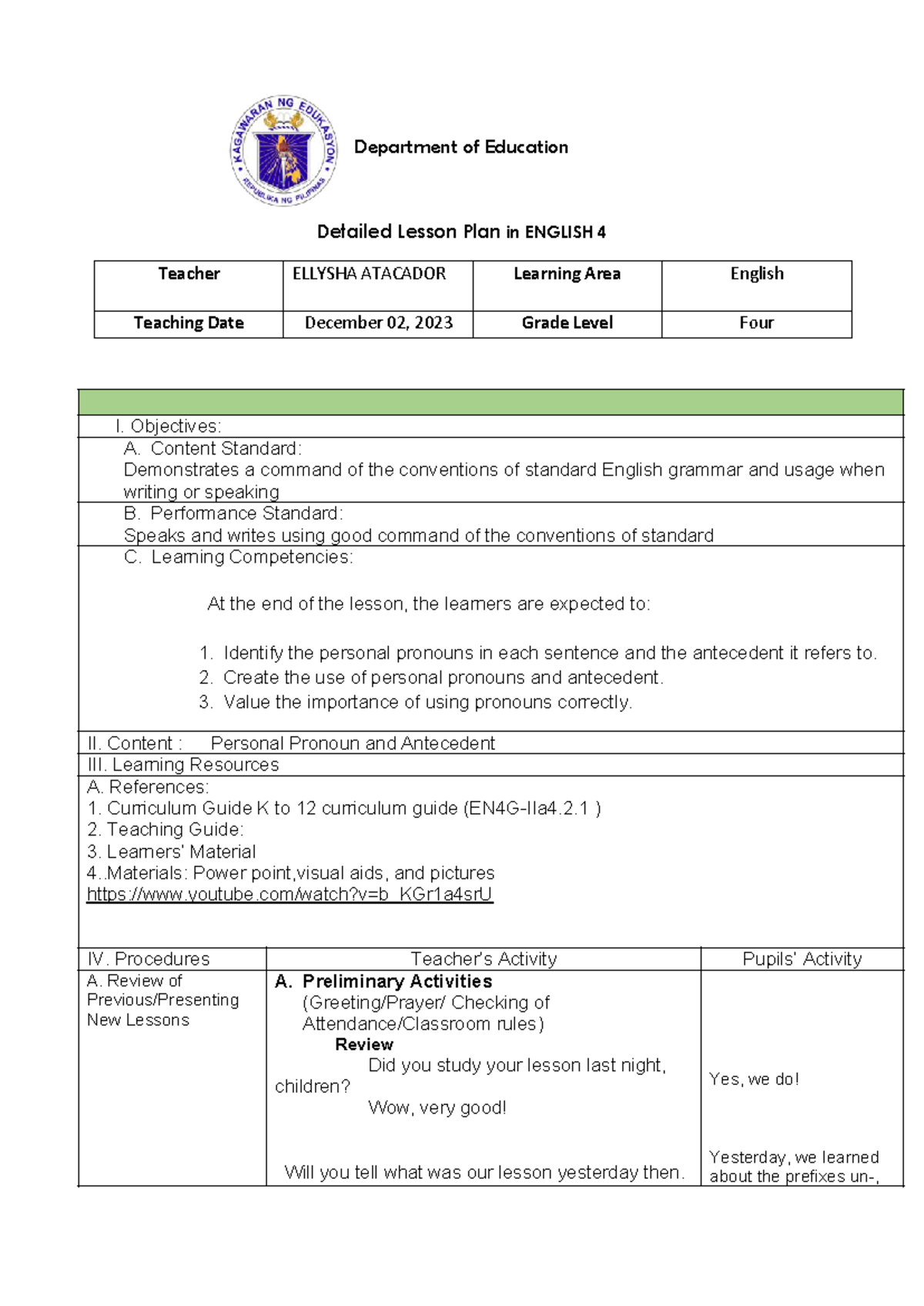 Detailed Lesson Plan on Pronouns and Antecedents for ENGLISH 4 - Studocu