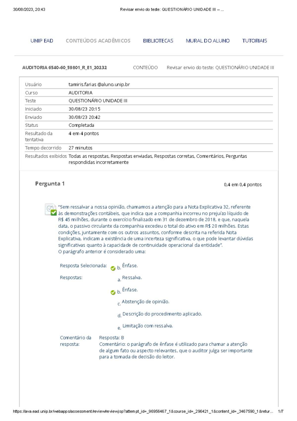 Revisão do Questionário Unidade III - AUDITORIA 6540-60 - Studocu