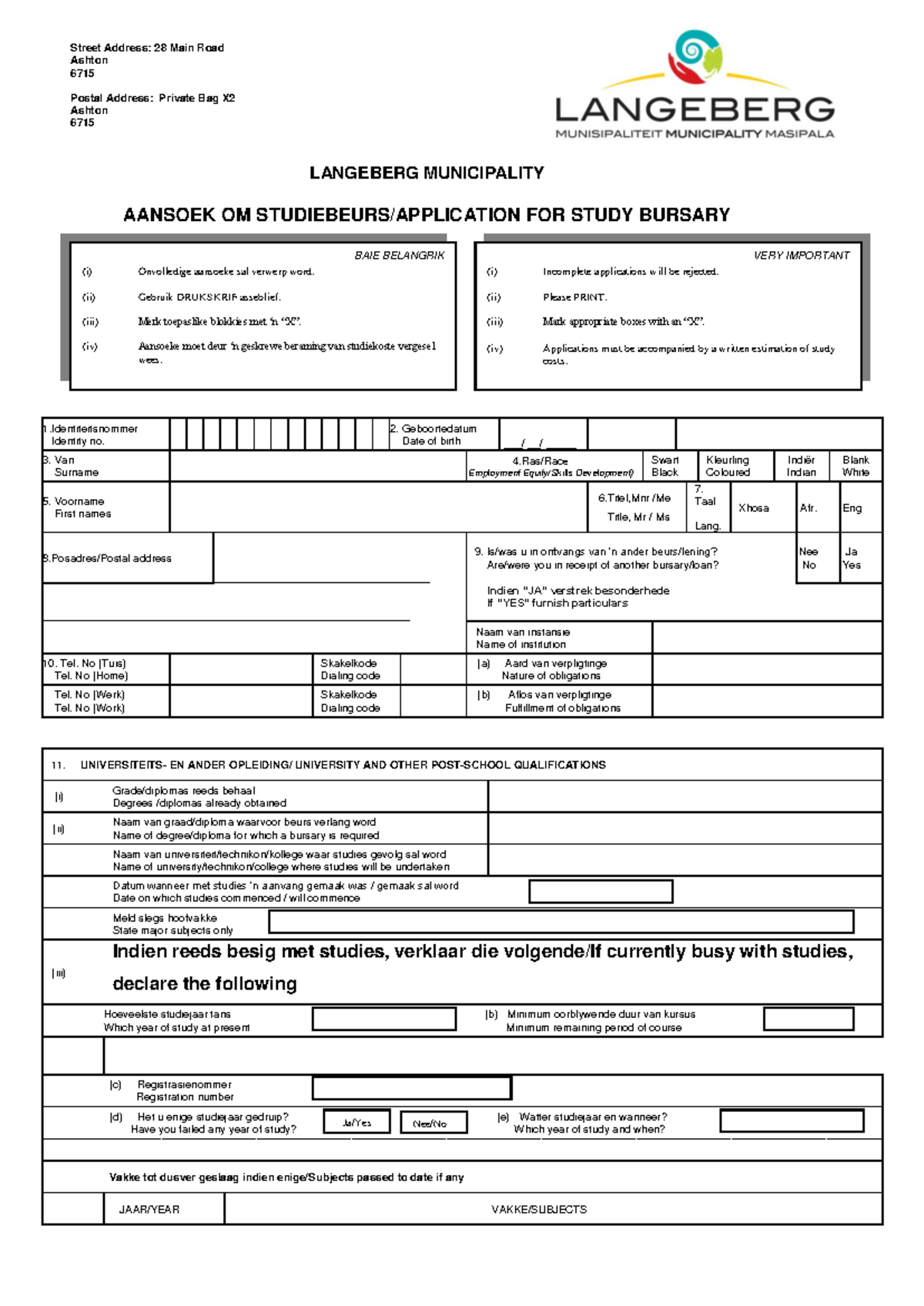 Bursary Application Form for Langeberg Municipality - Studocu