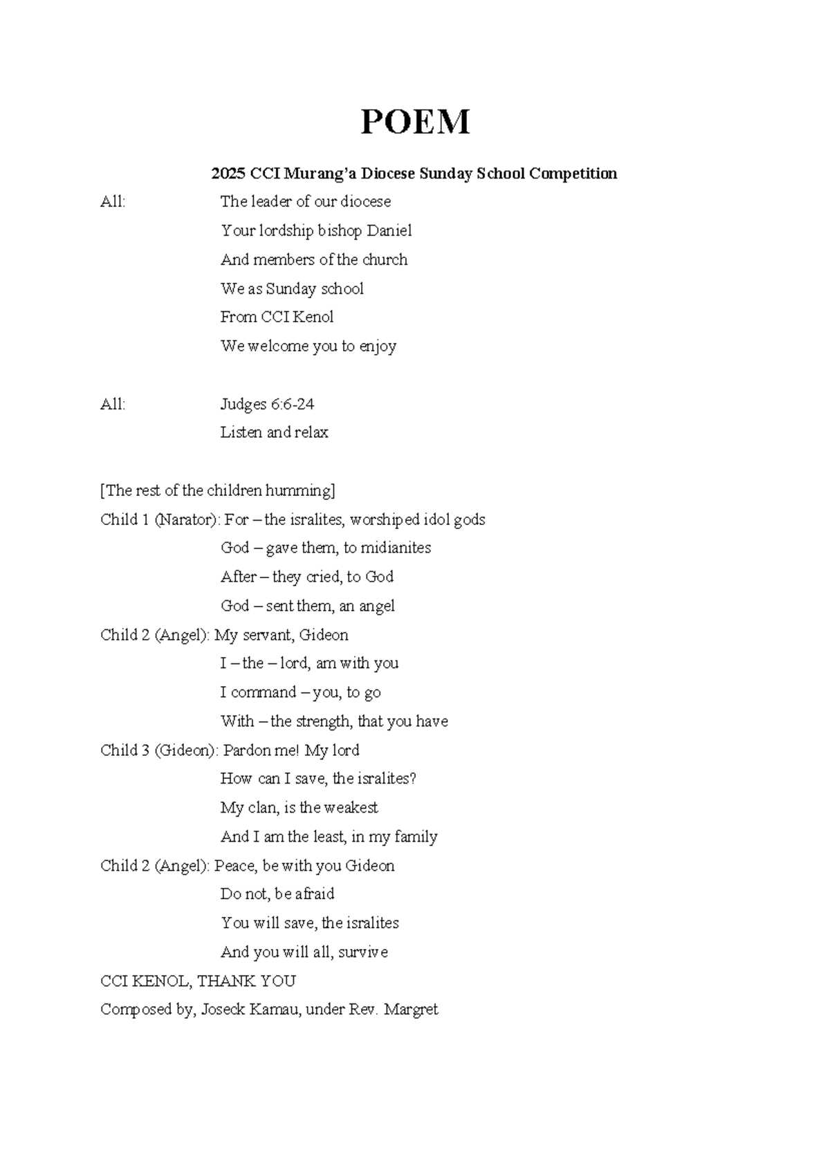 POEM - notes - POEM 2025 CCI Murang’a Diocese Sunday School Competition ...