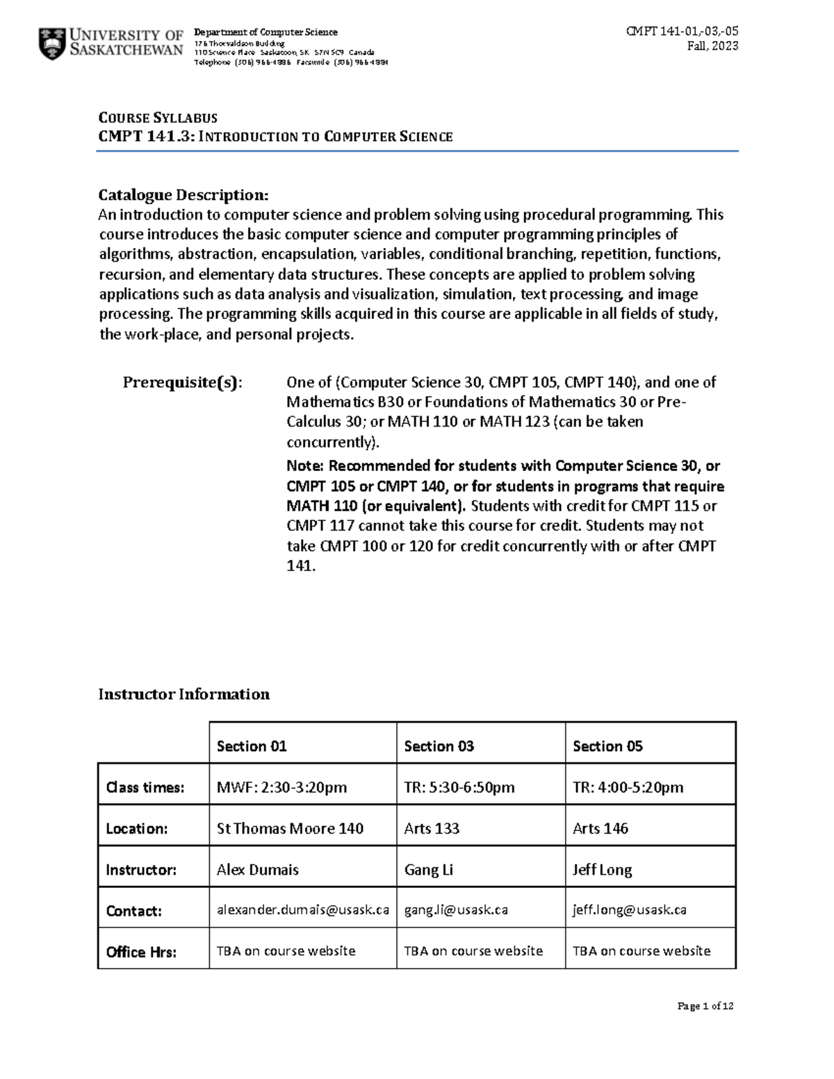 CMPT 141.3 Syllabus - Introduction to Computer Science Fall 2023 - Studocu
