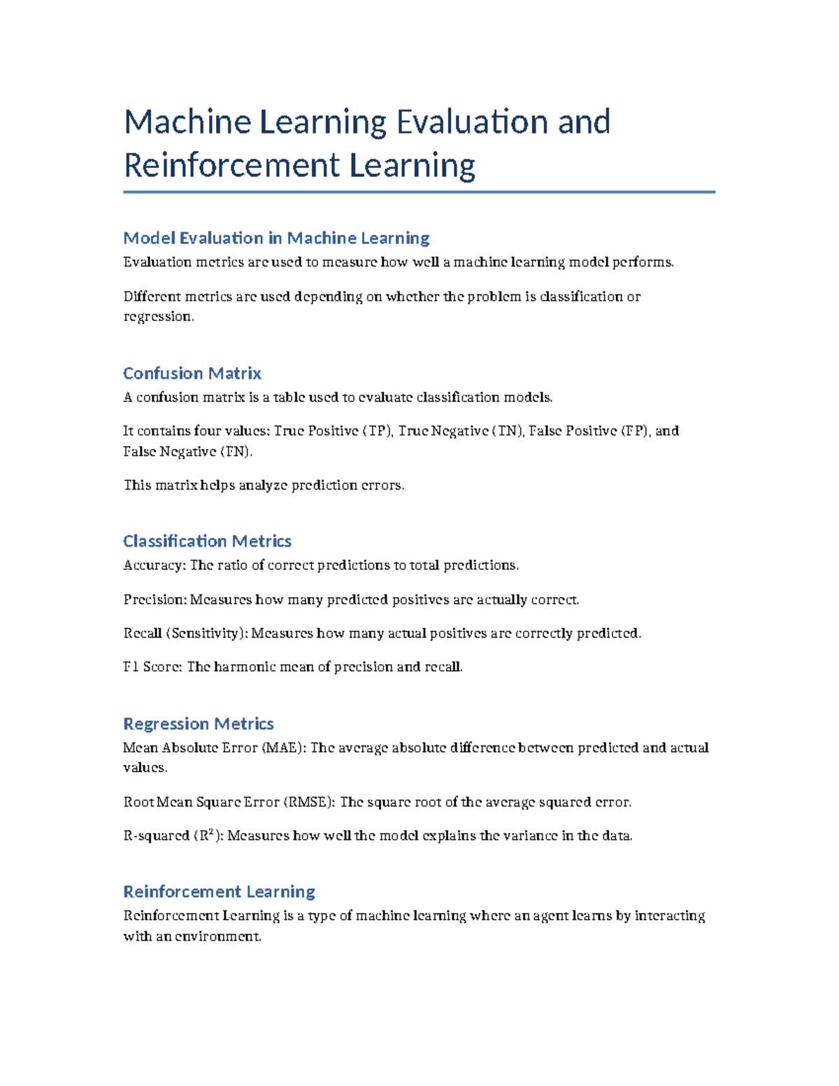 ML Evaluation Metrics & Reinforcement Learning Overview (CS101) - Studocu