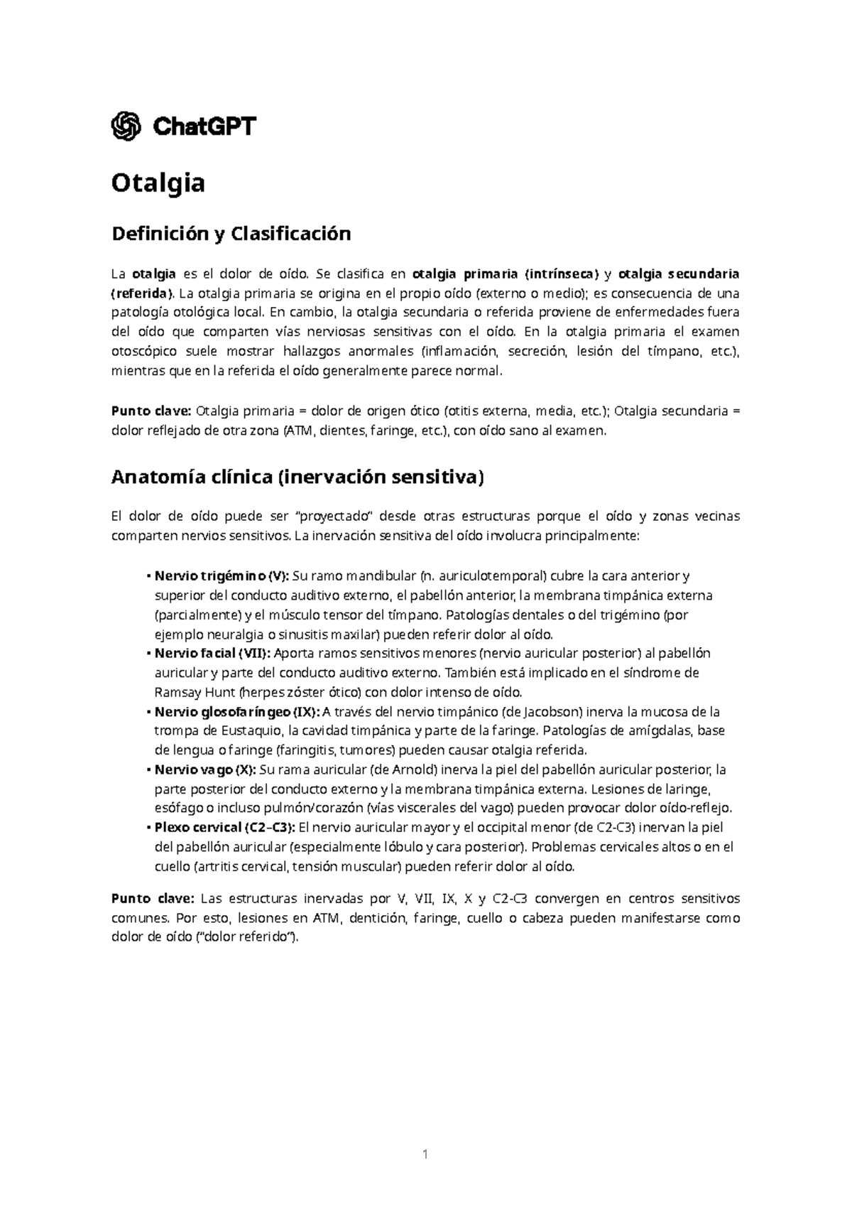 Otalgia: Definición, Clasificación y Abordaje Clínico - Studocu