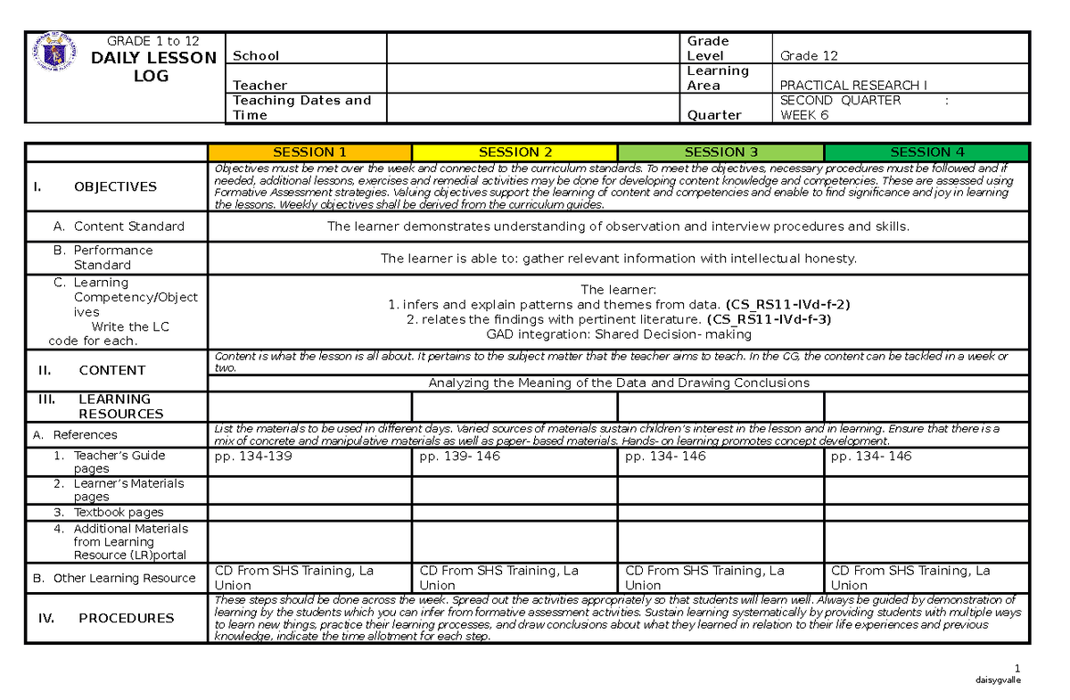 Grade 12 Practical Research I - Daily Lesson Log for Week 6 - Studocu