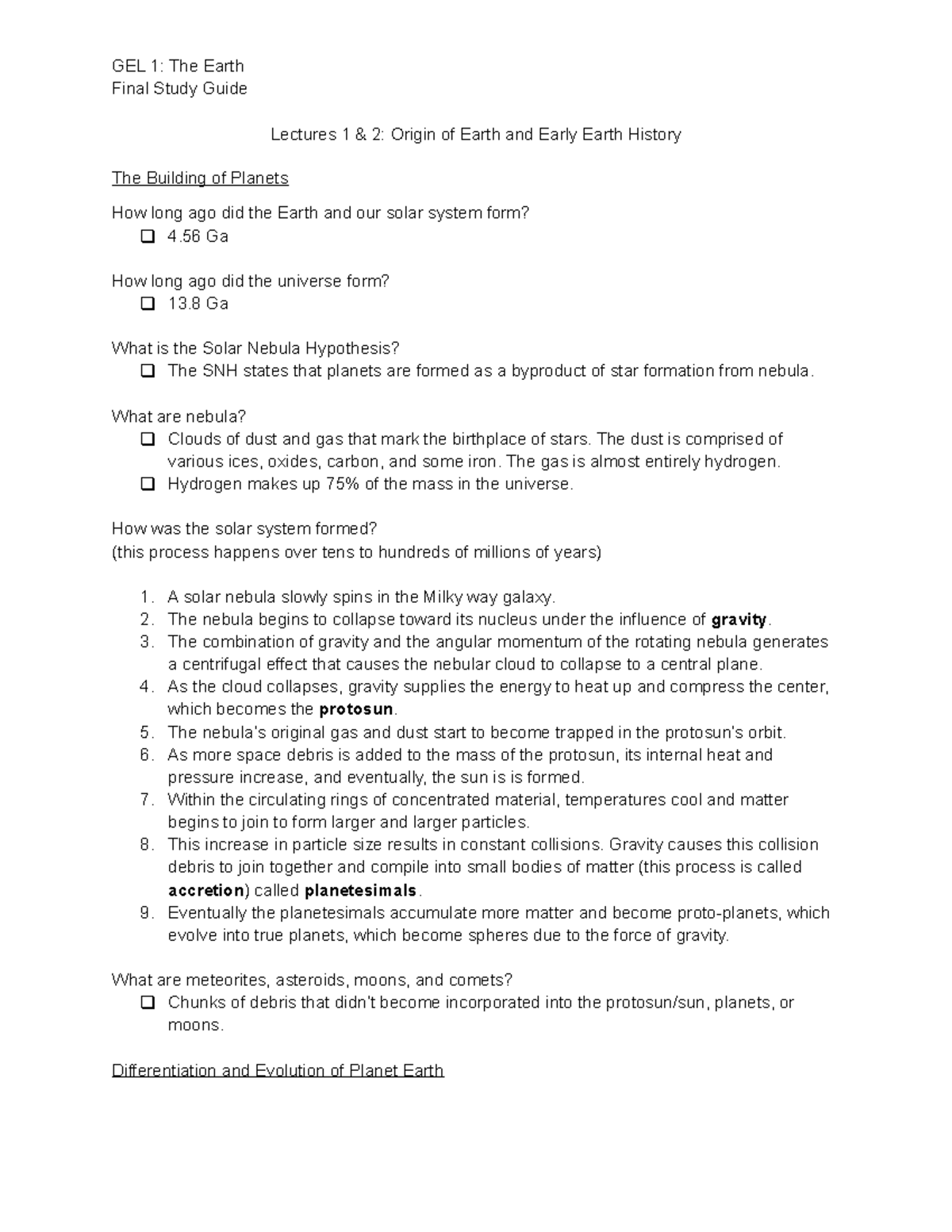 GEL 1&2 Midterm Review - Lecture Notes on Earth's Formation - Studocu