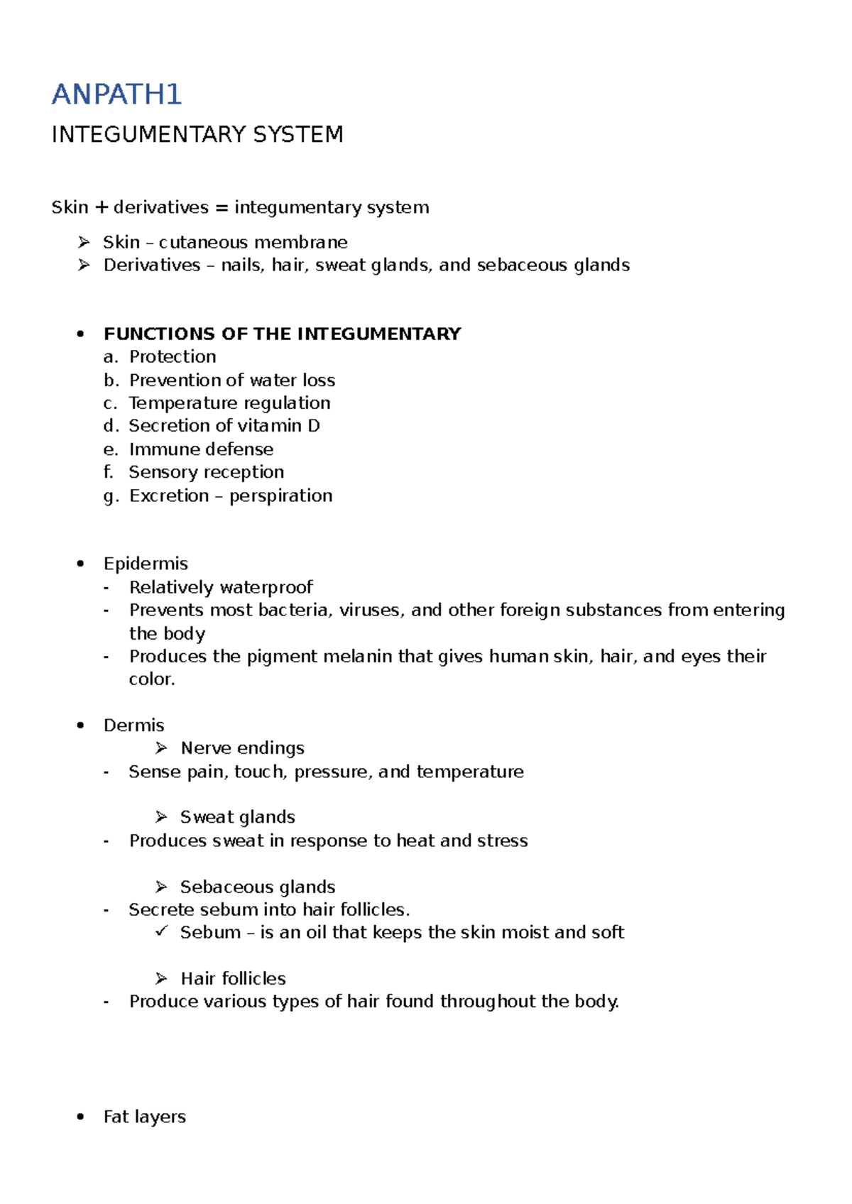 ANPATH1 Integumentary System: Functions, Structure, and Healing - Studocu