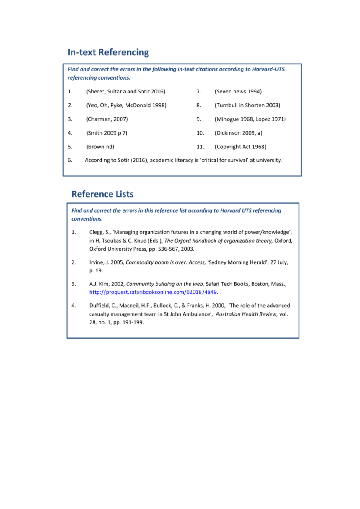 Referencing worksheet - Referencing Find and correct the errors in the ...