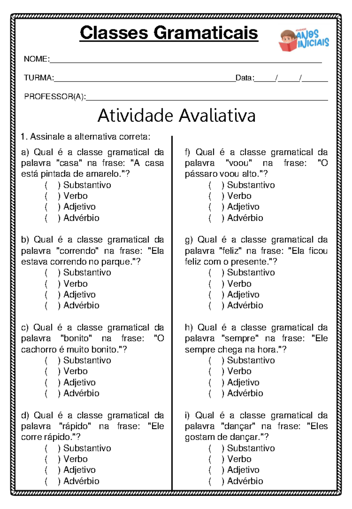 Atividade Avaliativa de Classes Gramaticais - Anos Iniciais - Studocu
